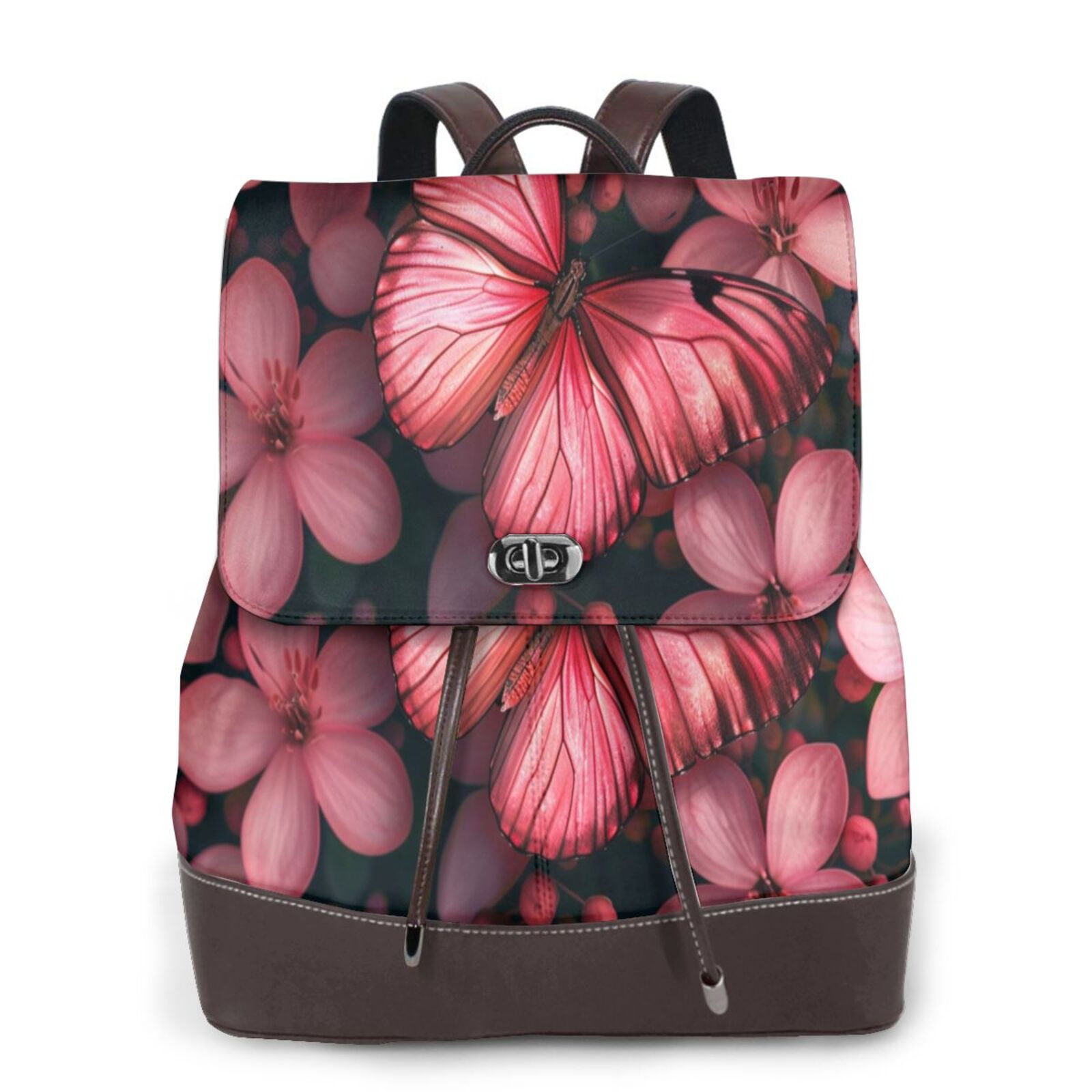 Qekee pink butterfly Print Leather Backpack Purse for Women,Ladies ...