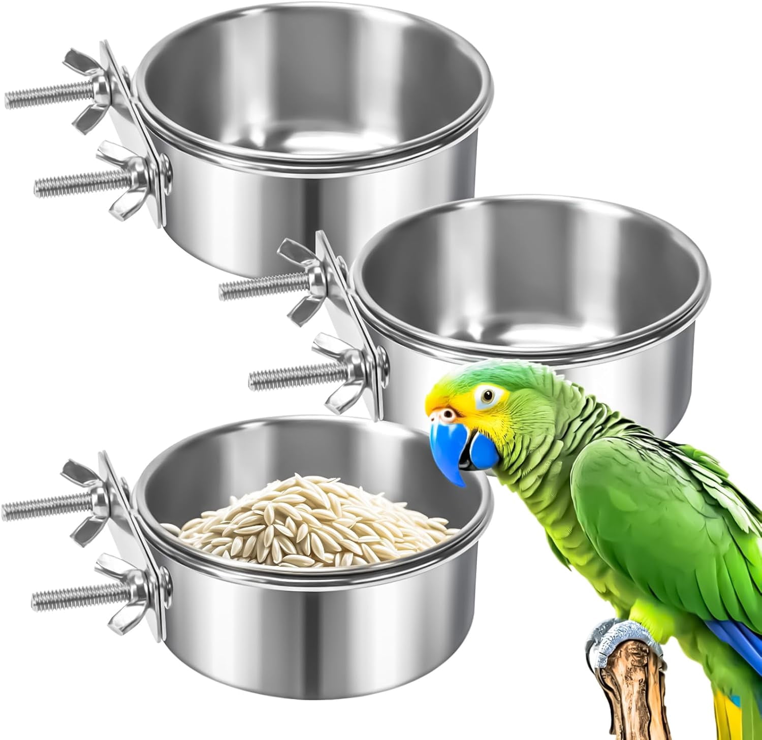 QenASHaing 3 Pack Stainless Steel Bird Feeding Bowls with Clamp, Food ...