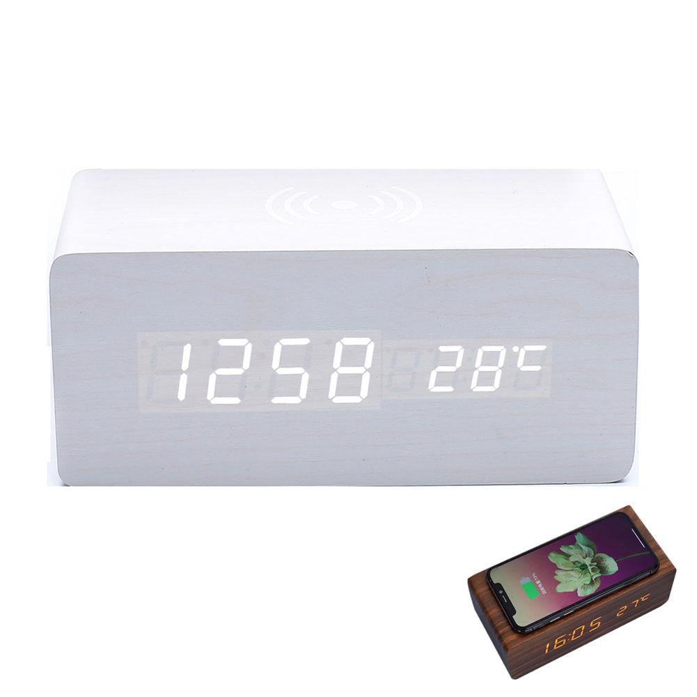 QenASHaing Wooden Digital Alarm Clock with Wireless Charging, LED ...