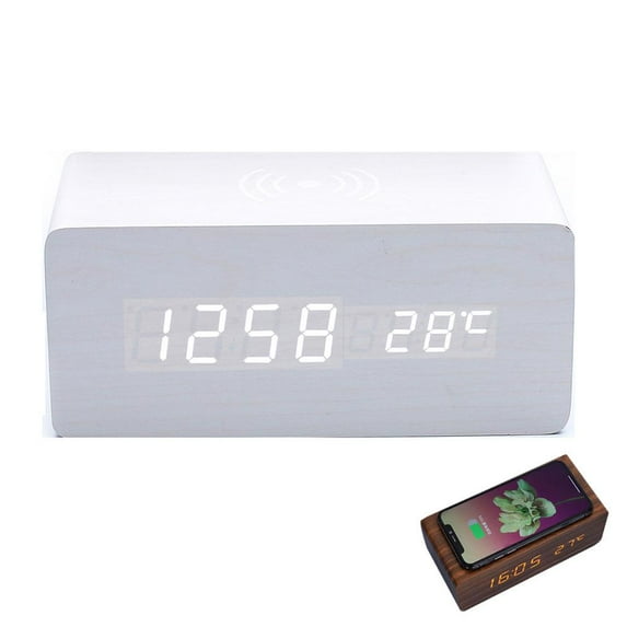 QenASHaing Wooden Digital Alarm Clock with Wireless Charging, LED ...