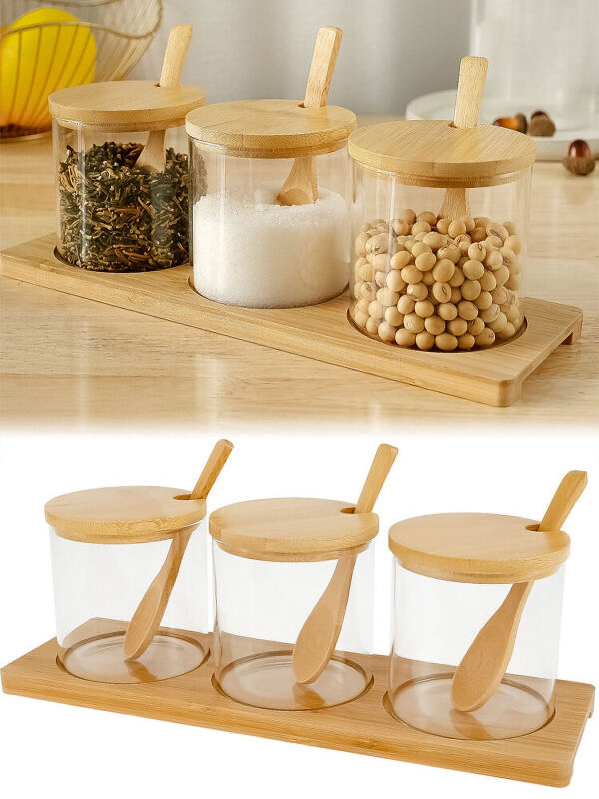Qenwkxz 3pcs set Condiment Jars Set Clear Glass Condiment Pot Set with Lids Spoons and Bamboo Tray Dust Proof Seasoning Multipurpose Condiment