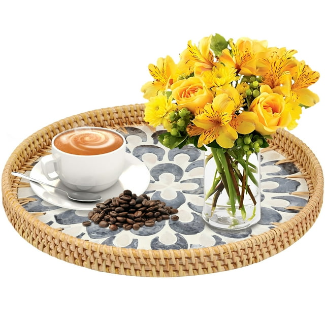 NUAHRHY Round Rattan Tray Decorative Rattan Serving Tray Multipurpose ...