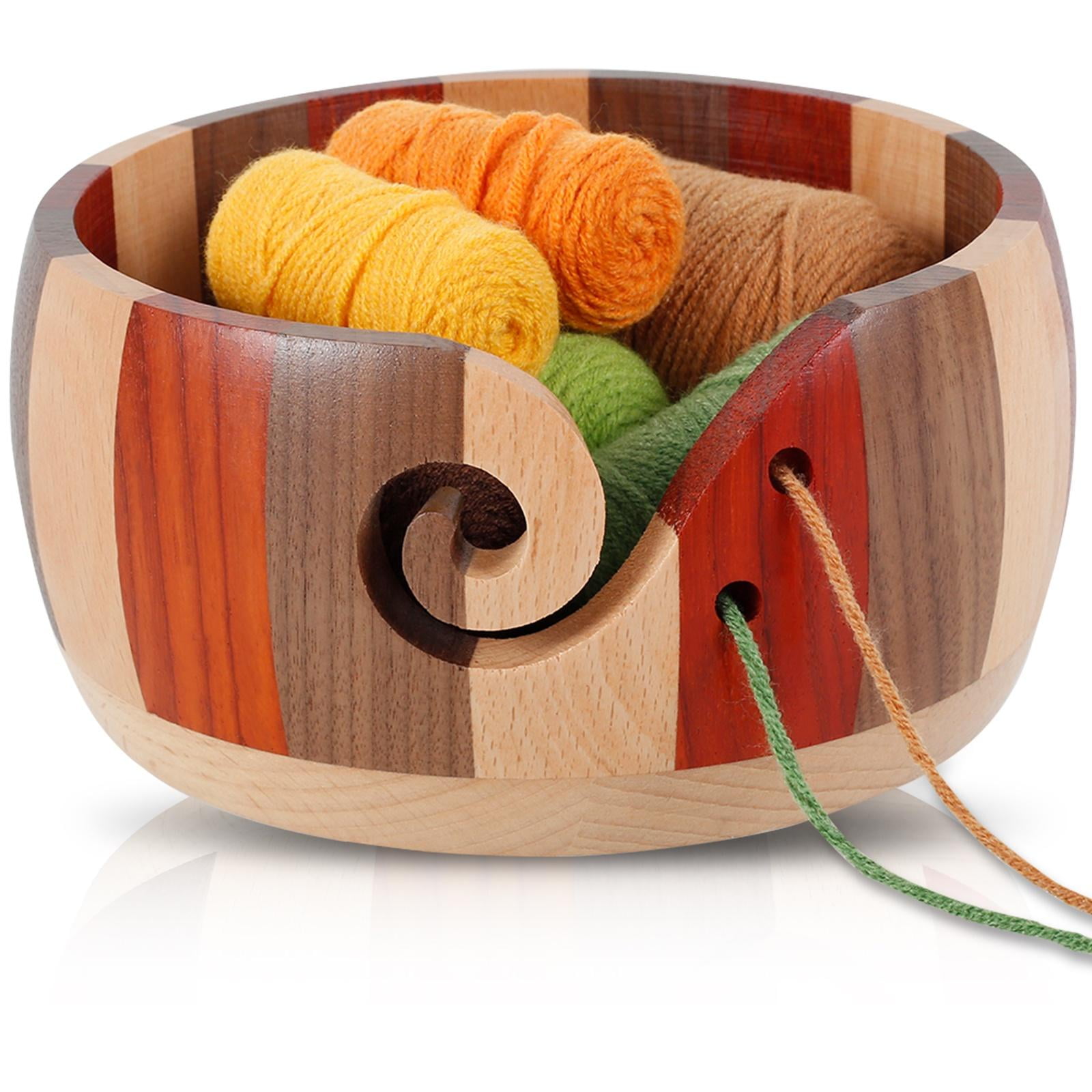 Qenwkxz Wooden Yarn Bowl Round Crochet Bowl Holder with Holes Wooden ...