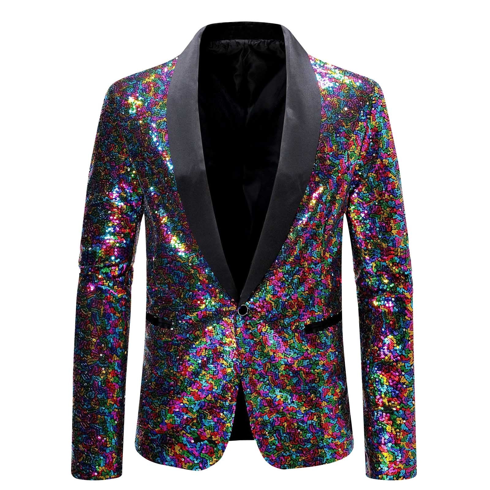 Qepwscx Blazer Men Shiny Suit Notch Lapel Jacket Glitter Sport Coat ...