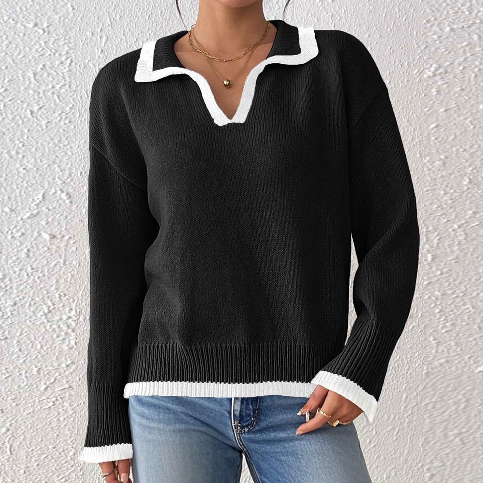 Qepwscx Knit Tops for Women Long Sleeve Sweaters V Neck Chunky Knits ...