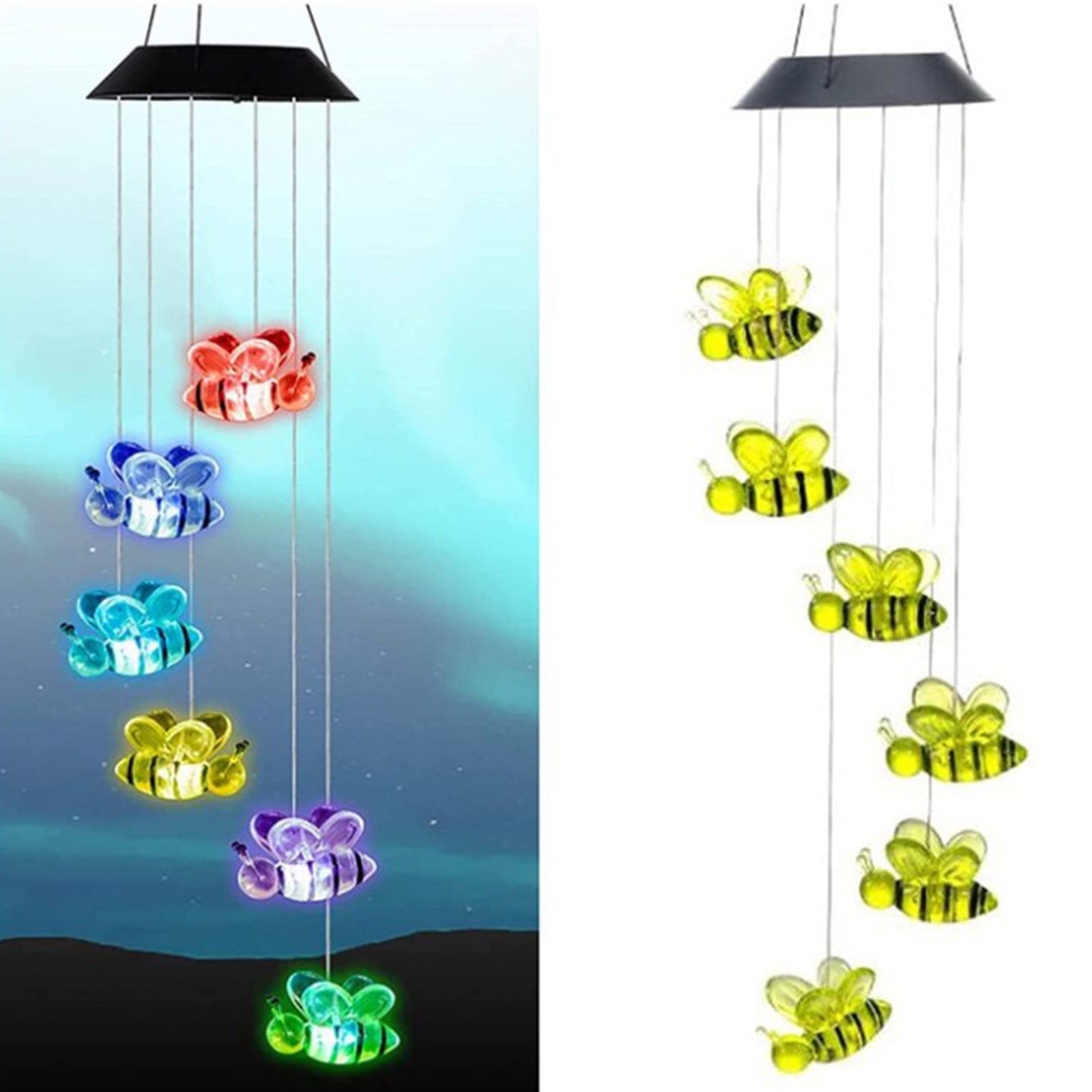 Qesai 33.5in Bee Wind Chime, Color Changing Mobile 6-LED Solar Wind ...
