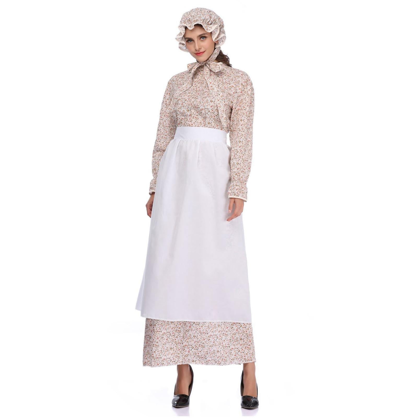 Qetyuw Cotton Colonial Dress Women 3PCS Pioneer Prairie Costume for ...