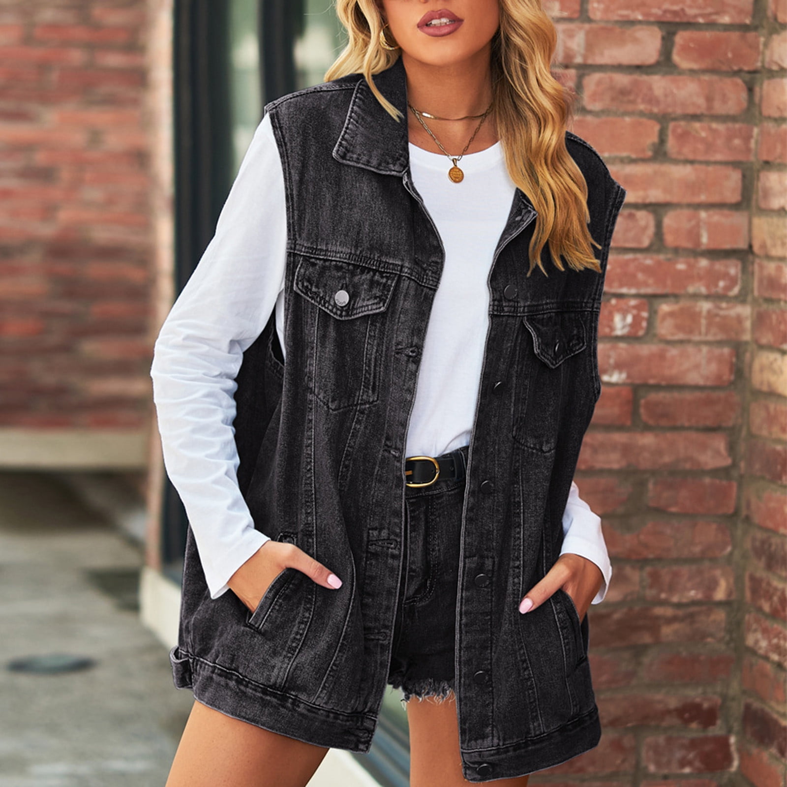 Qetyuw Denim Jean Vest for Women Oversized Sleeveless Button Down Denim ...