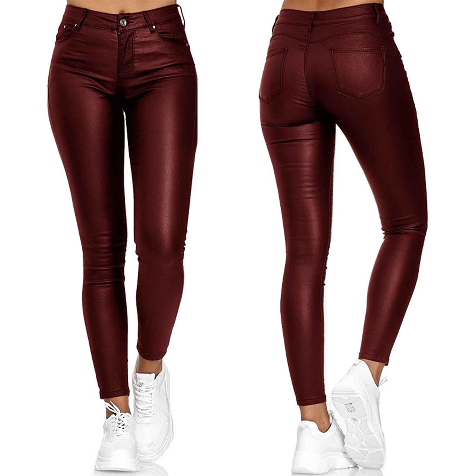Qetyuw Faux Leather Leggings for Women High Waist Button Pants PU ...