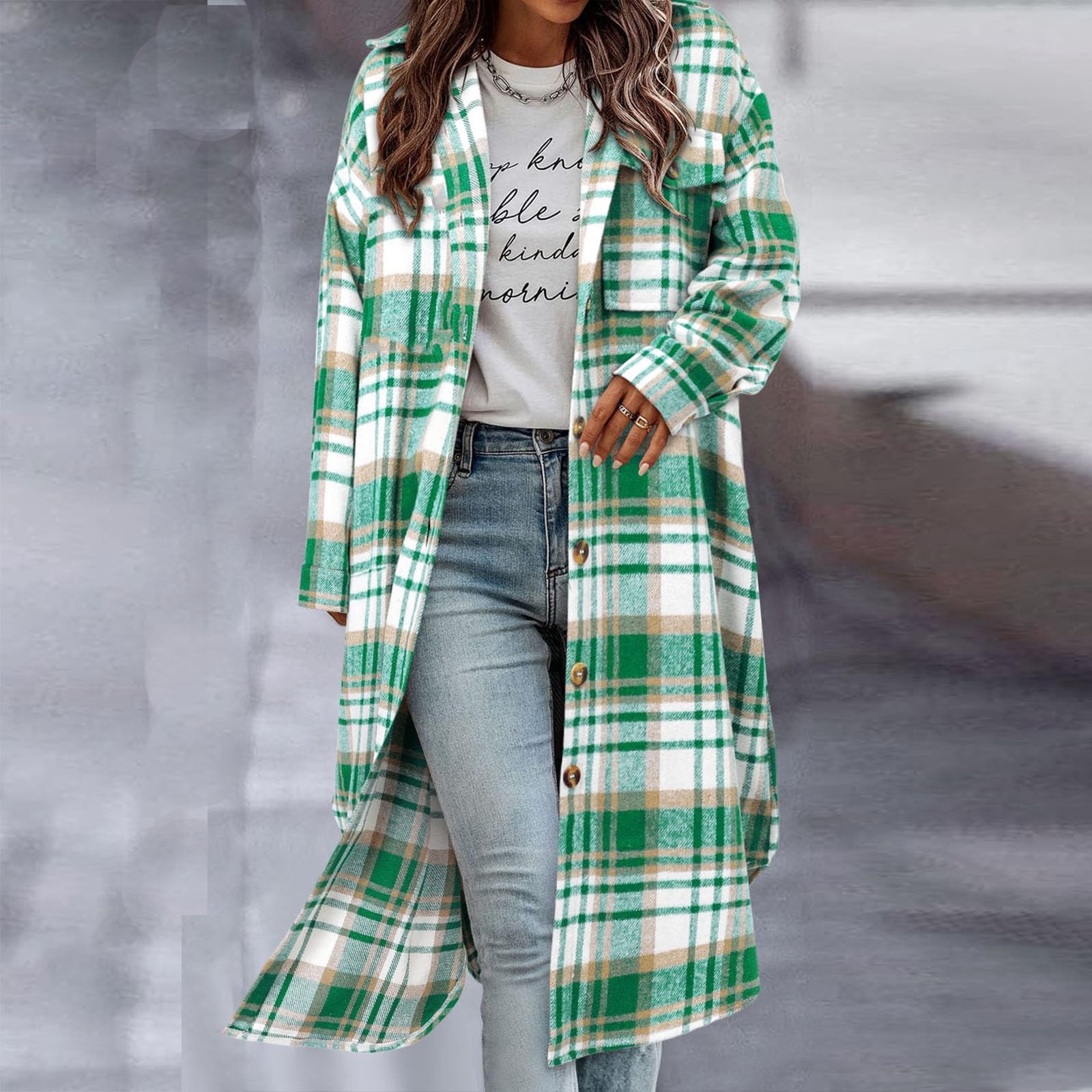 Qetyuw Long Plaid Shacket for Women Trendy Fall Casual Button Wool ...
