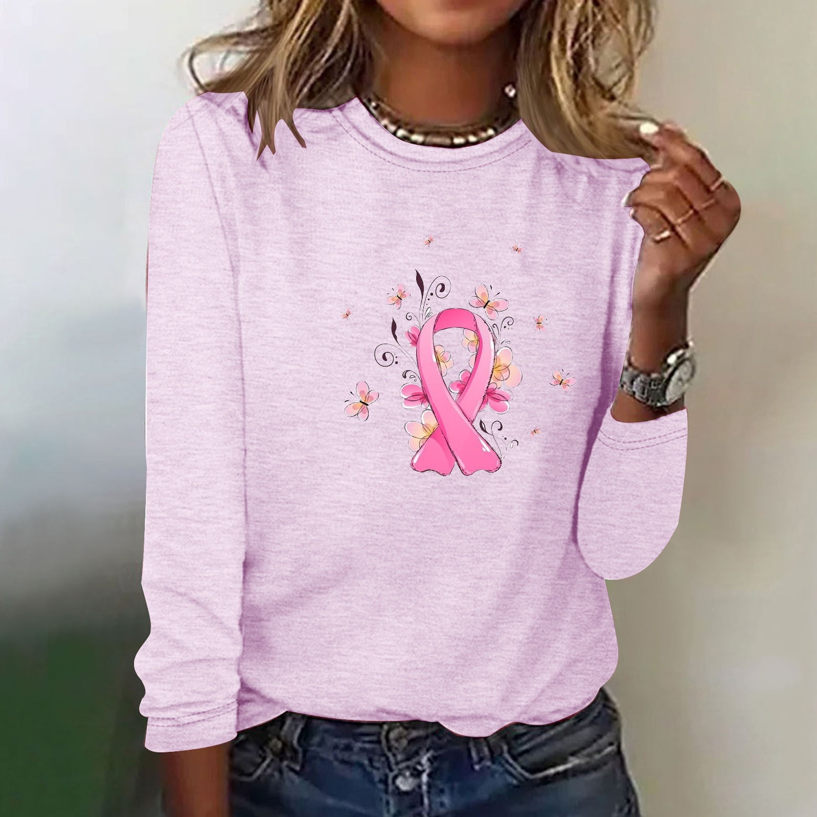 Qetyuw Long Sleeve Breast Cancer Sweatshirts for Women Pink Ribbon ...