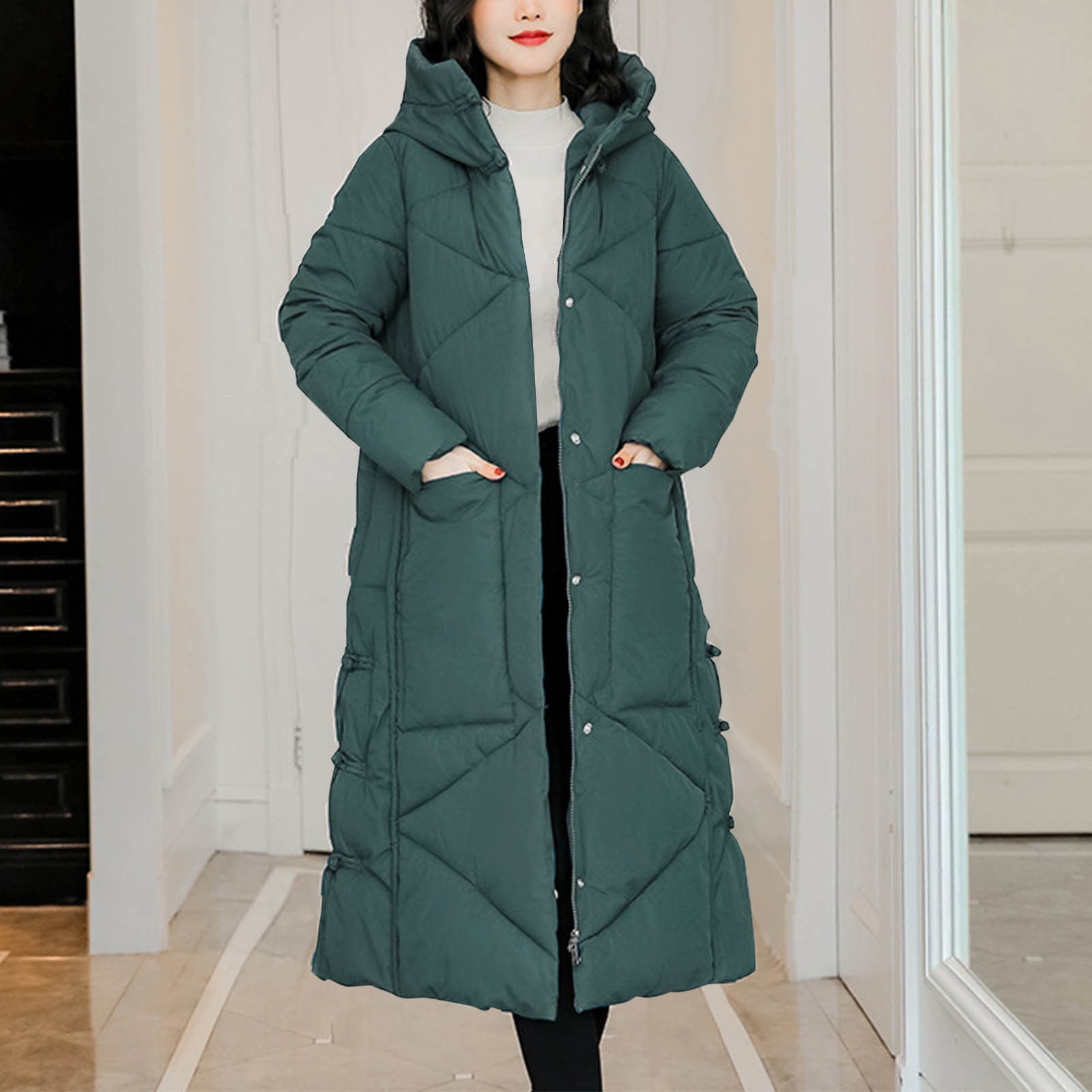 Qetyuw Quilted Long Coat for Women Winter Chunky Hooded Puffer Coats ...