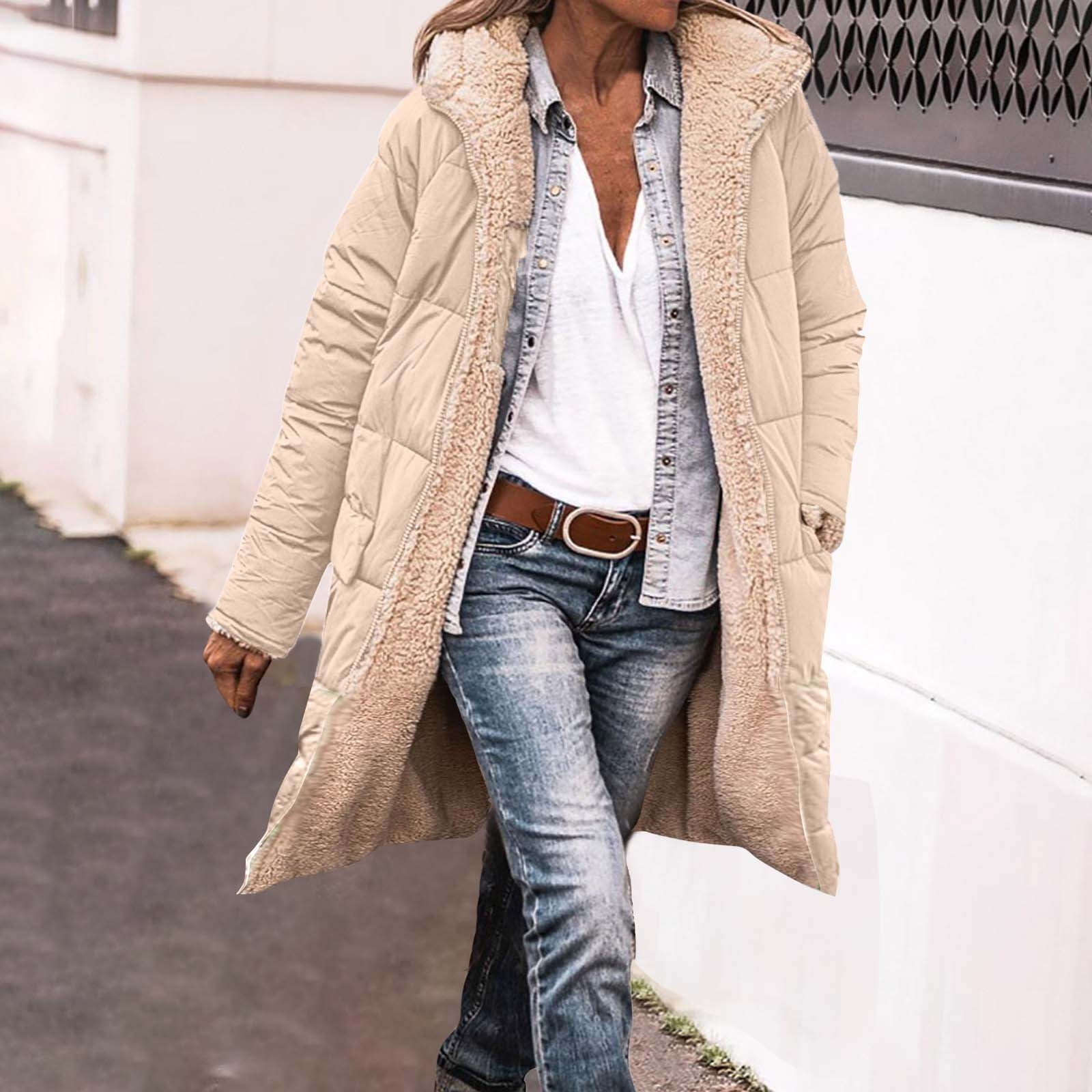 Qetyuw Quilted Long Jackets for Women Winter Warm Sherpa Lined Hooded ...