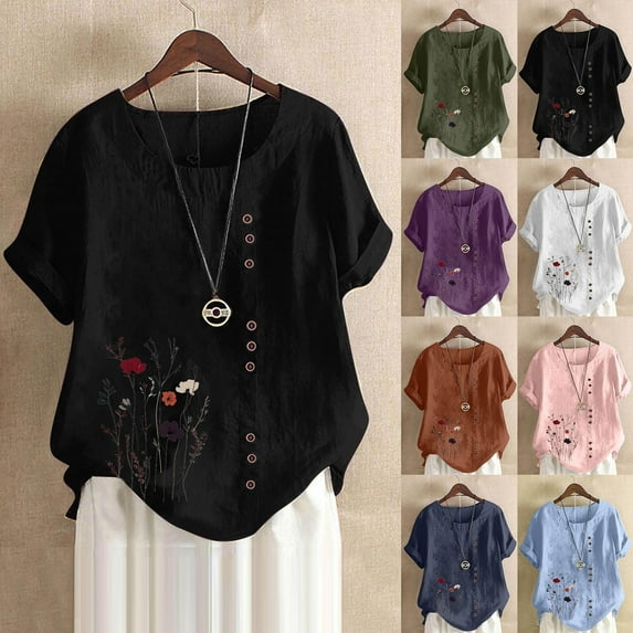Qetyuw Tops for Women Casual Roll Up Short Sleeve T-Shirt Trendy Floral ...