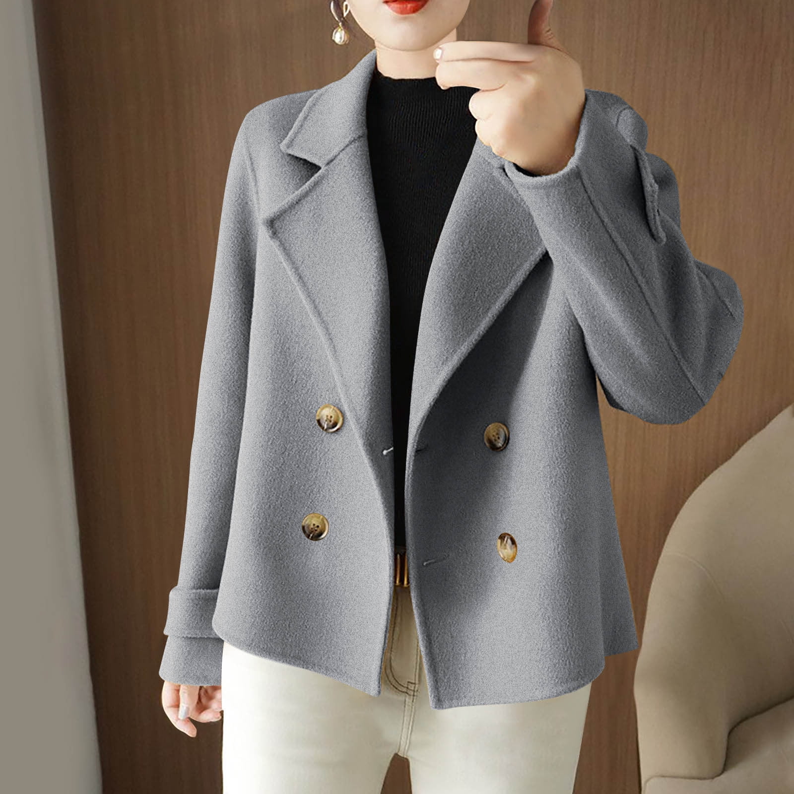 Qetyuw Trench Coat for Women Winter Wool Blend Long Sleeve Crop Peacoat ...