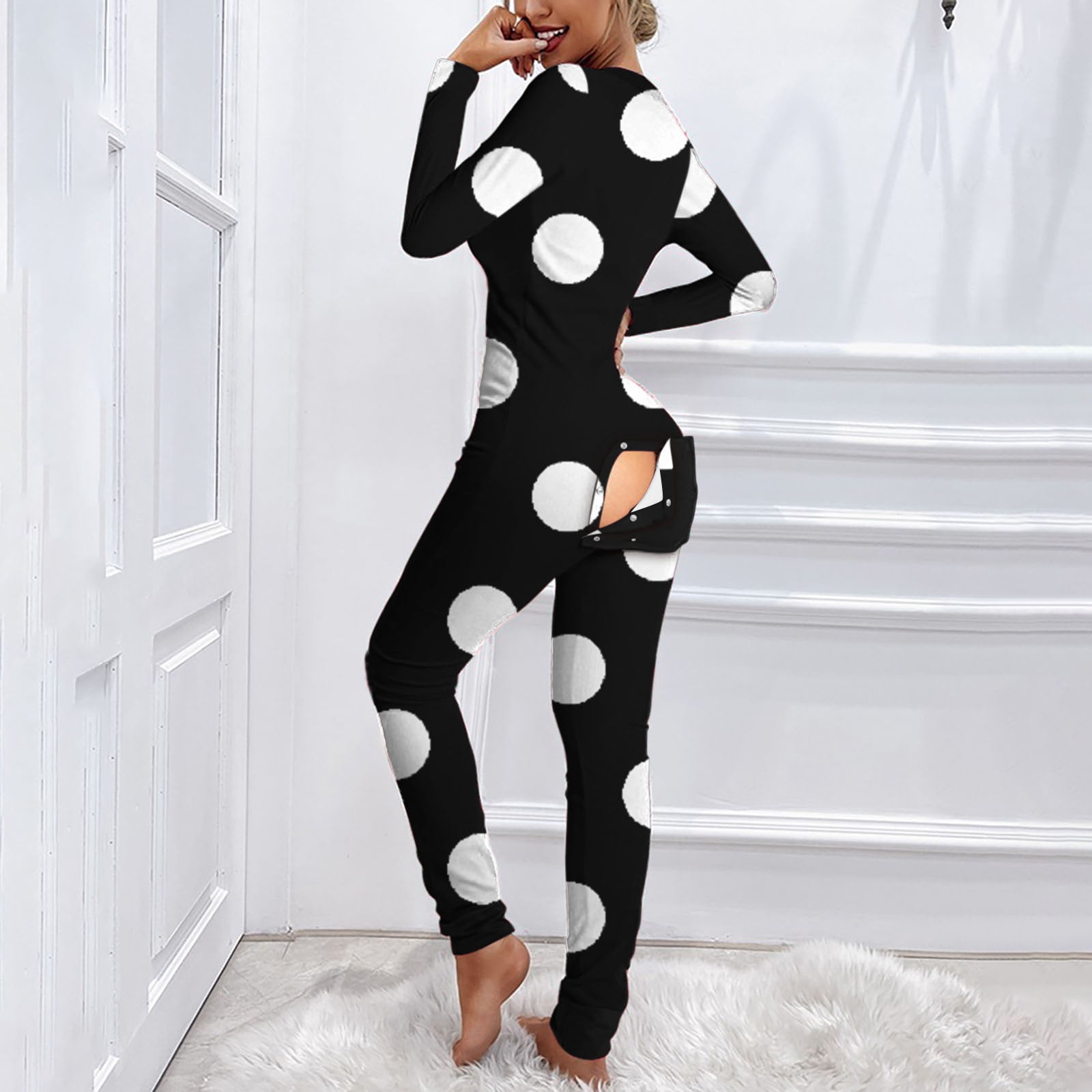 Qetyuw Women's Pajama Jumpsuits Polka Dot Print Skinny Overalls Back ...