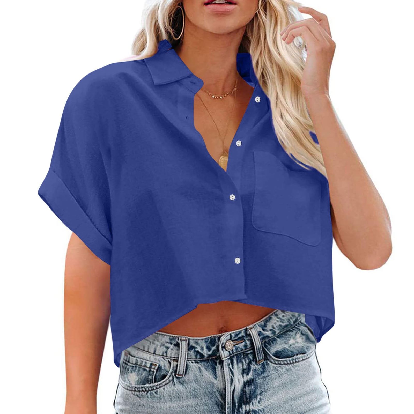 Qetyuw Womens Button Down Cropped Shirts Elegant Rolled Short Sleeve ...