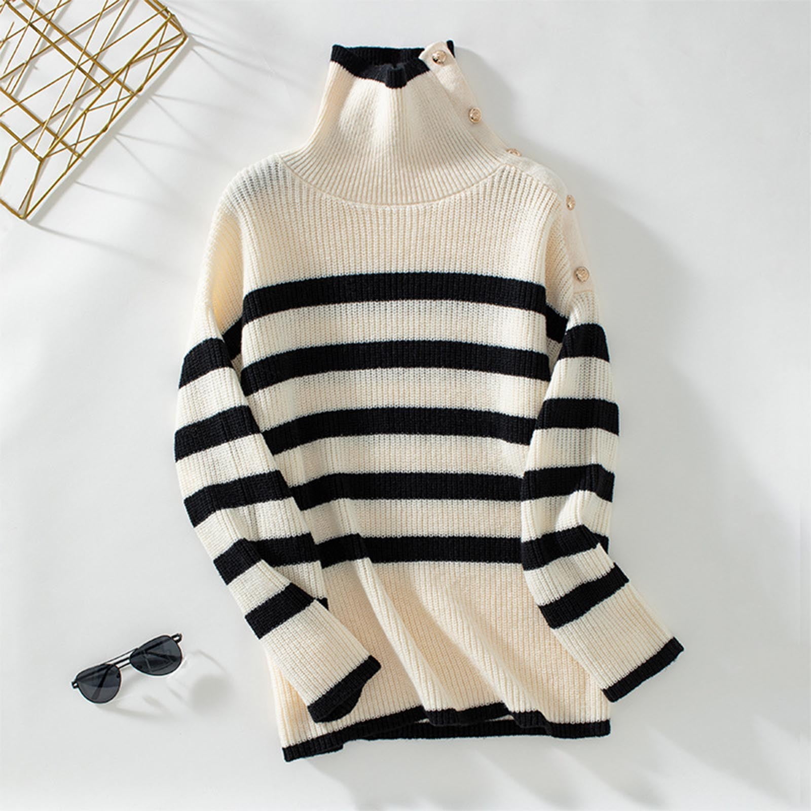 Qetyuw Womens Striped Sweaters Button Side Cowl Neck Sweaters Dressy ...