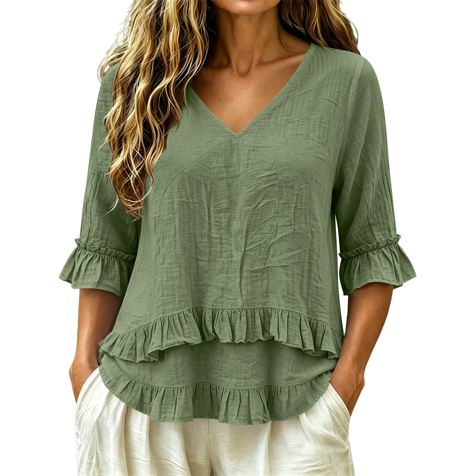 Qgtaibl Flowy Ruffle Layered Tops for Women V Neck 3/4 Length Flounce ...
