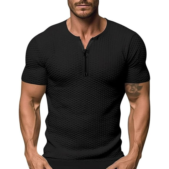 Qgtaibl Men's 1/4 Zipper Shirts Waffle Short Sleeve Tops Solid Color ...