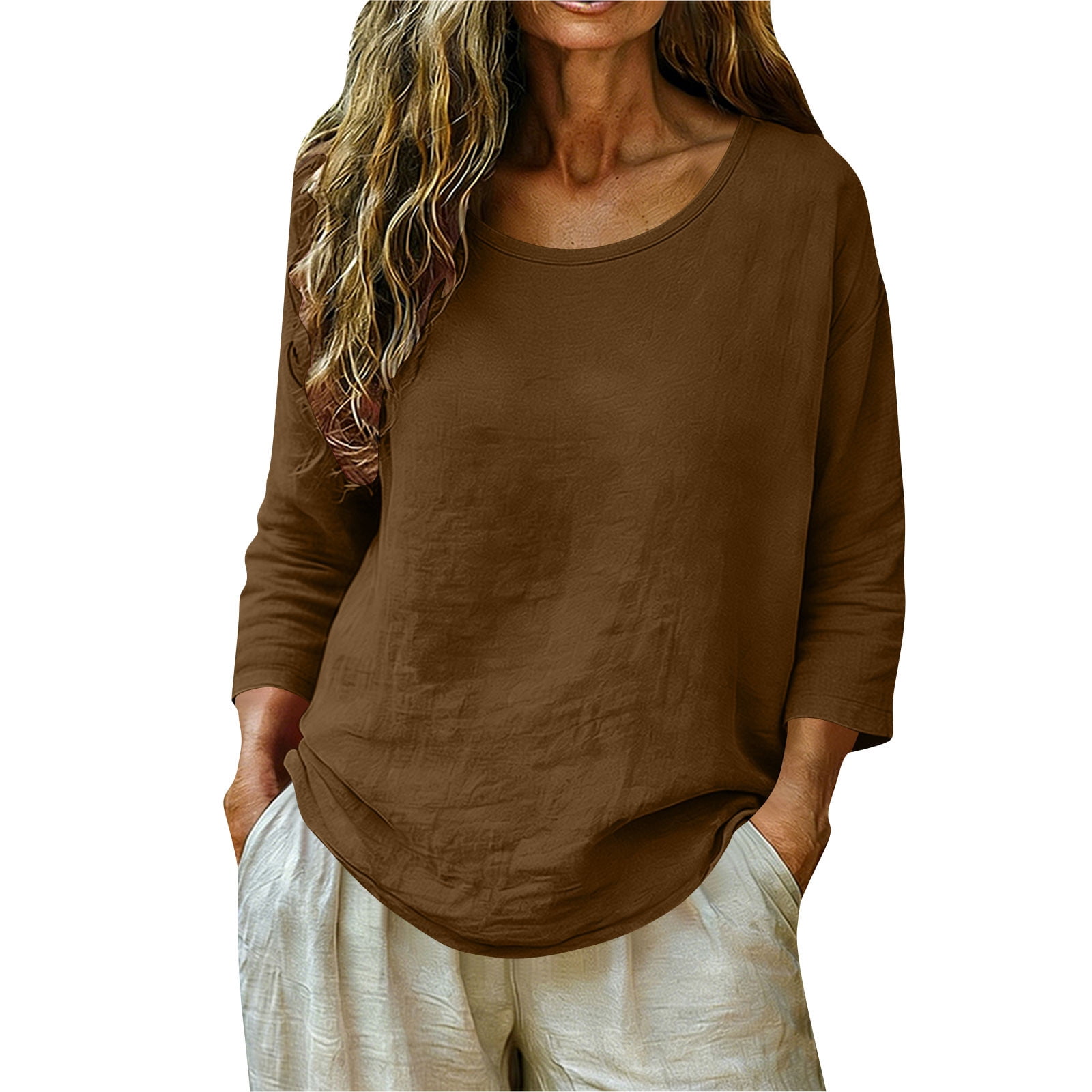 Qgtaibl Women's 3/4 Length Sleeve Tunic Tops Lightweight Cotton Linen ...
