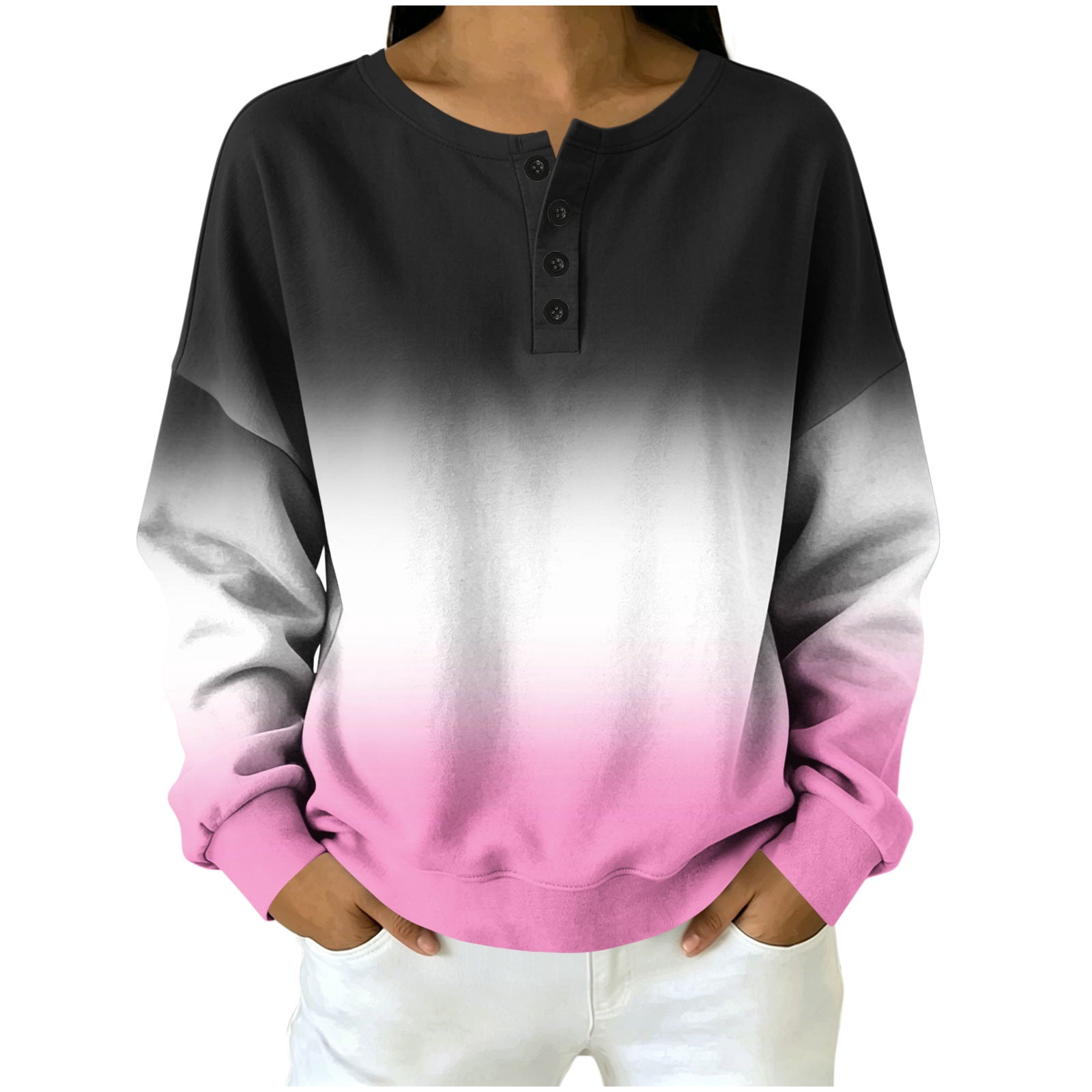 Qgtaibl Womens Long Sleeve Henley Sweatshirts Fashion Gradient Color ...