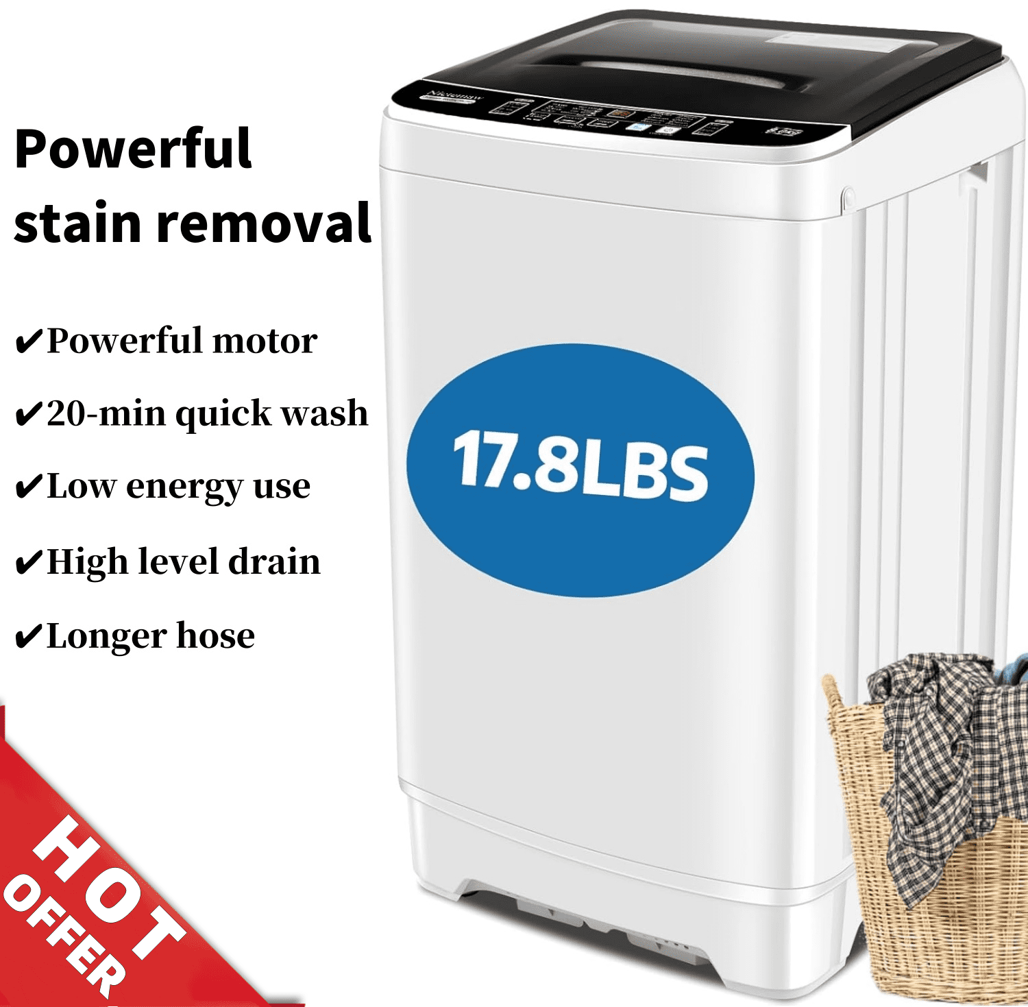 Qhomic Compact Washing Machine, 17.8lbs Capacity, 2.3 Cu.ft Portable ...