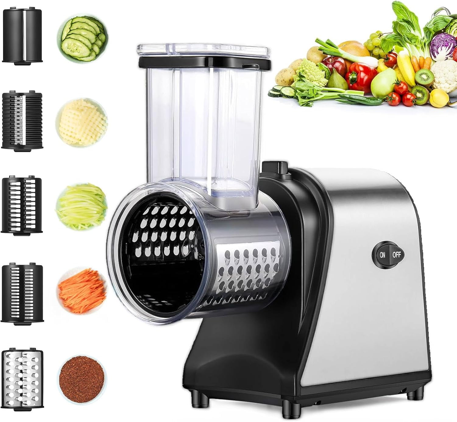 Qhomic 250W Electric Cheese Grater, Food Processor with 5 Attachments ...