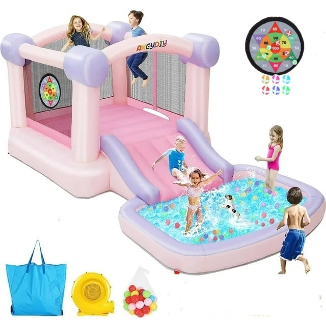 Qhomic Inflatable Bounce House with Ball Pit and Slide, Pink Macaron ...