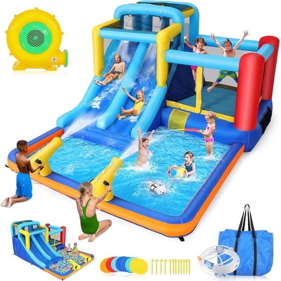 Qhomic Inflatable Bounce House Water Slide, 2 Slides, Ball Pit ...