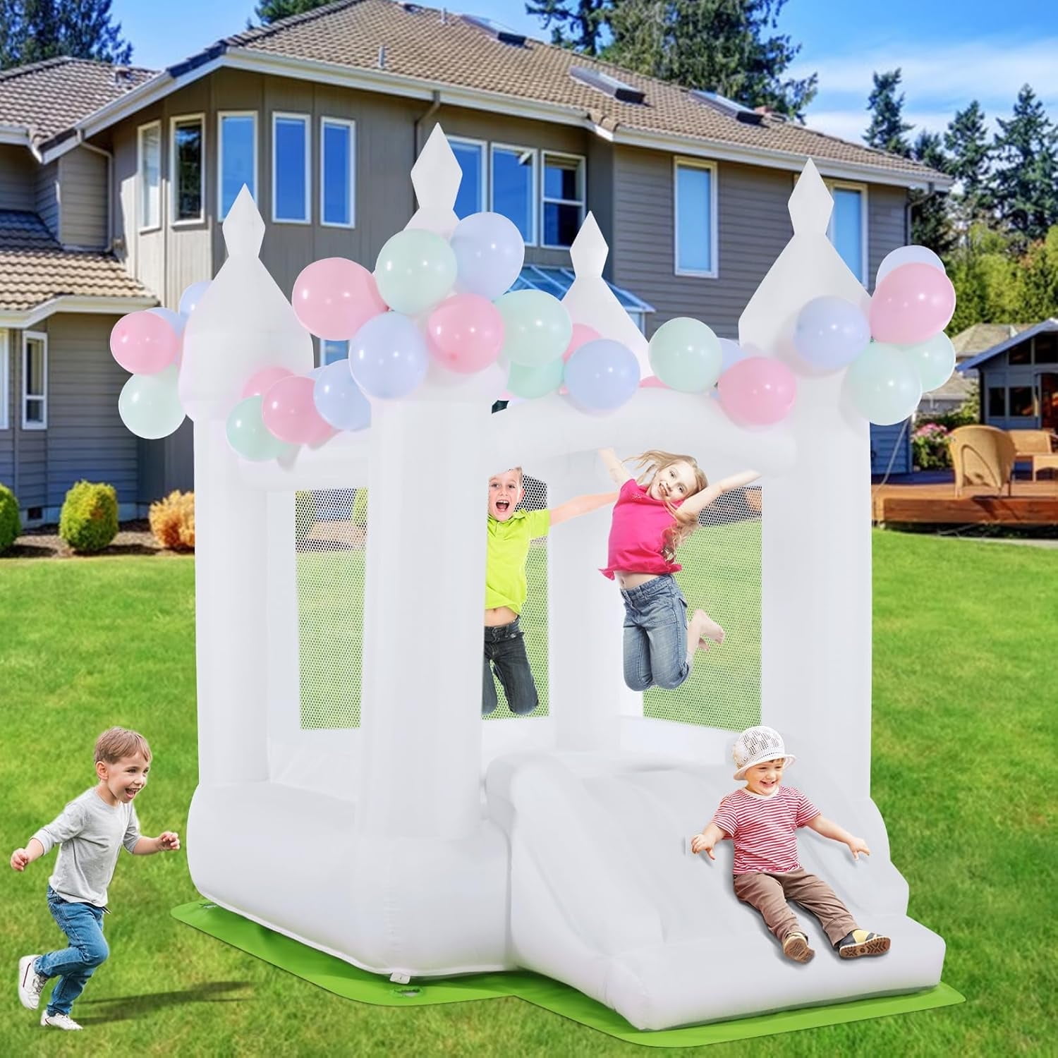 Qhomic Inflatable White Bounce House with Slide and Spacious Bouncing ...