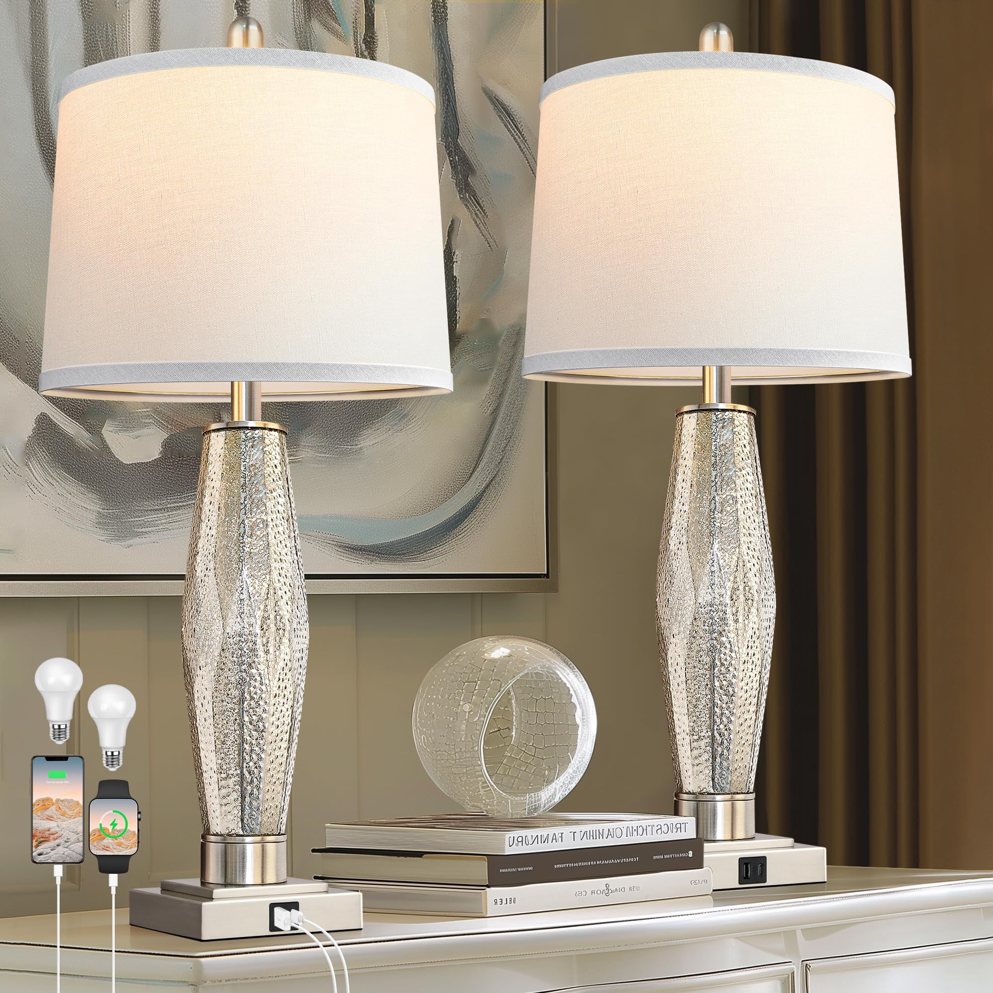 QiMH Table Lamps Set of 2, Bedroom Lamp with USB A+C Charging Ports ...