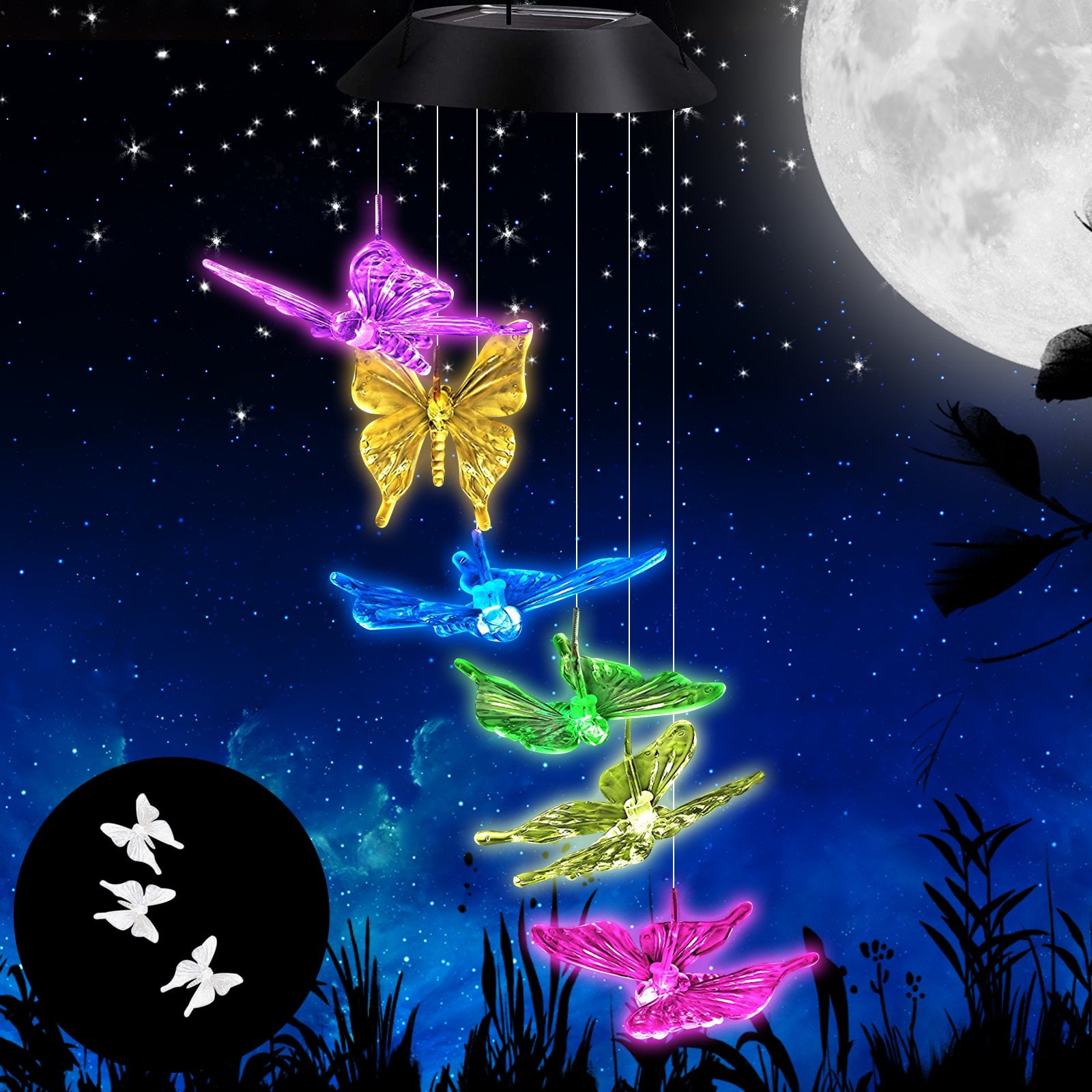 Qishi Multicolor Glass Butterfly Wind Chime, Solar Powered, Hanging ...