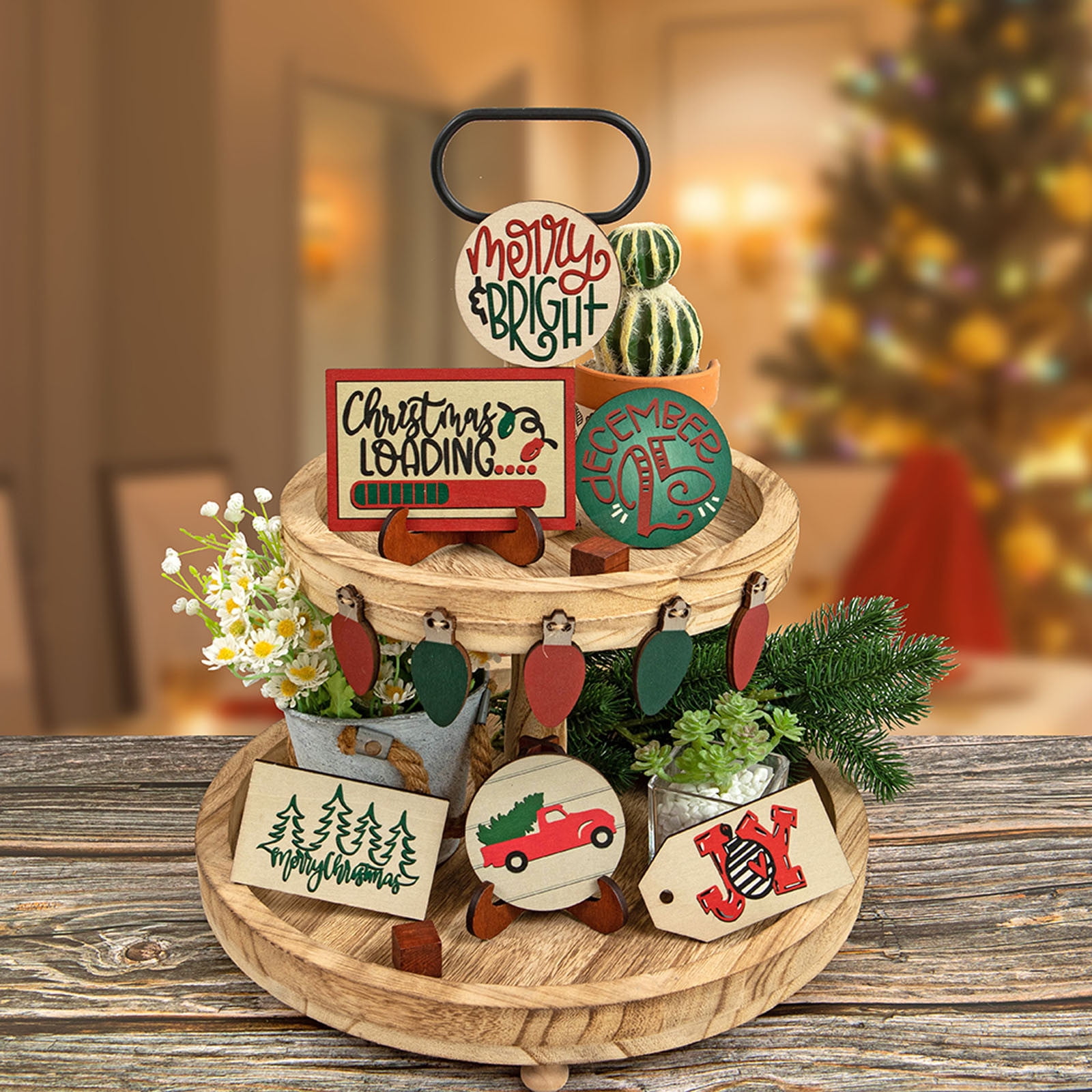 QianChong Tiered Tray Decor Set Cute Wooden Signs Rustic Tiered Tray ...