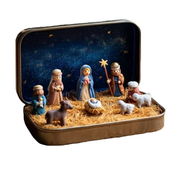 Miniature Nativity Scene Set with Figurines and Stable Background for ...
