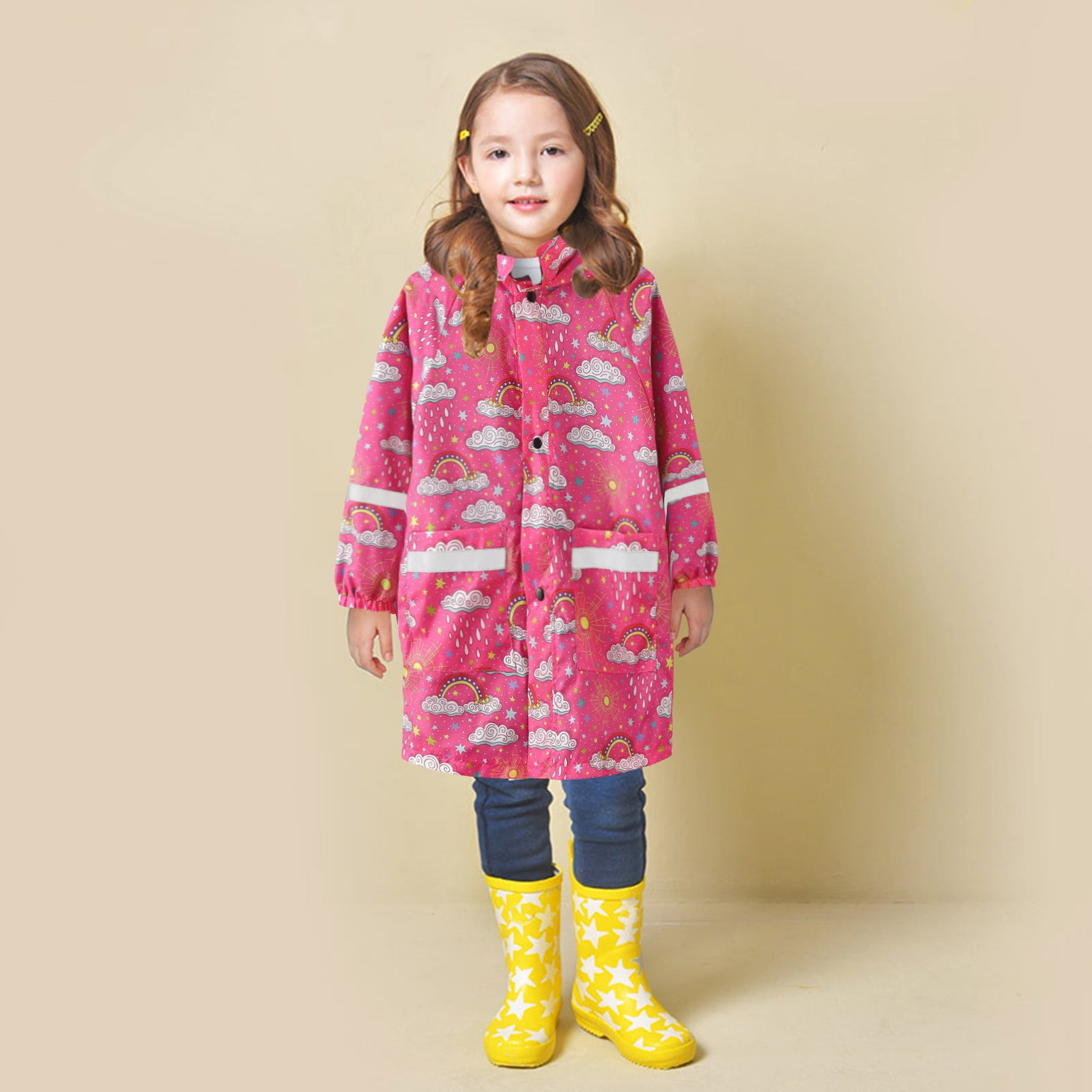 Qiangong Raincoat for Girls Kids Boys Girls Hooded Cartoon Print Rain Dungarees Windproof ...