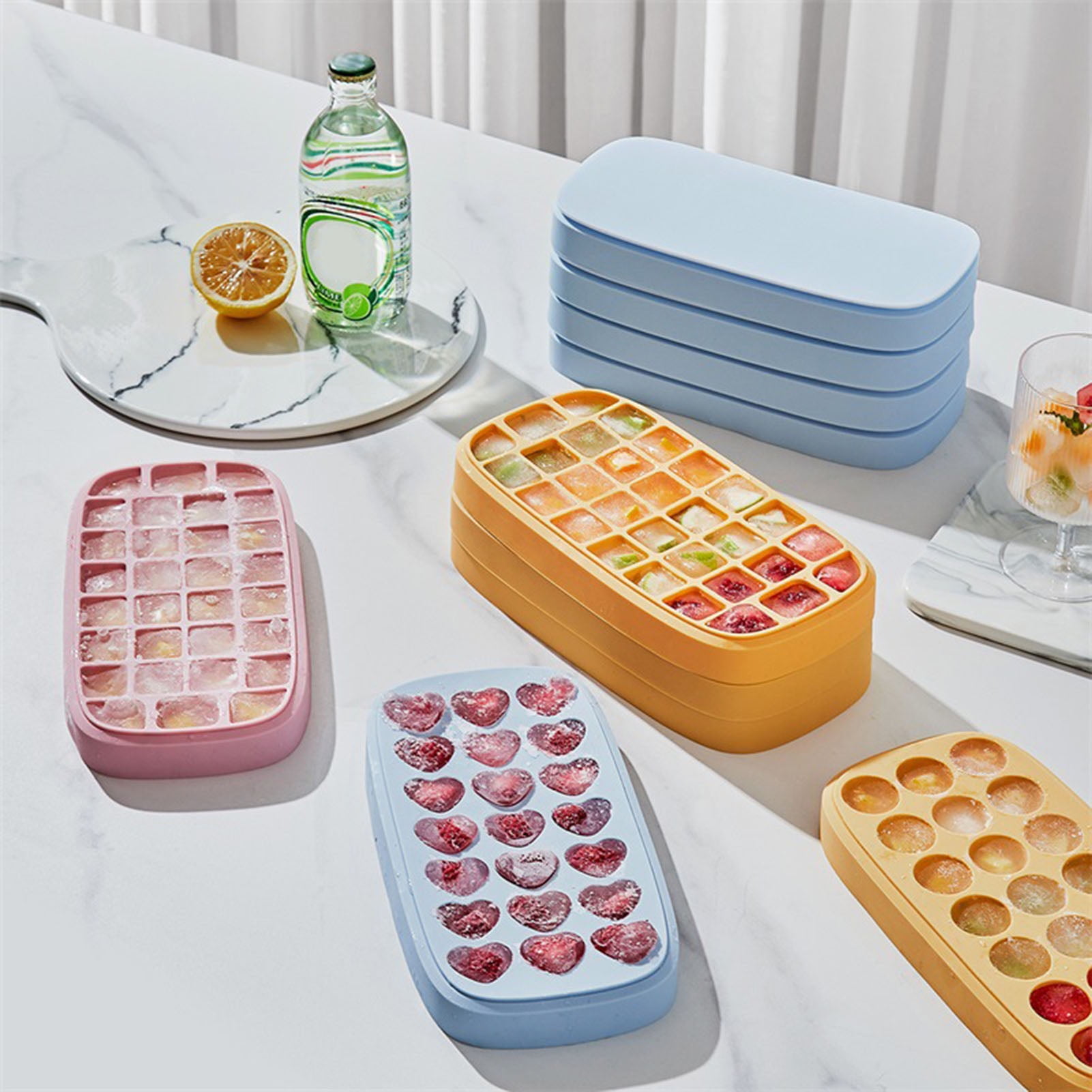 Qianha Mall 1 Set Ice Cube Mold with Lid Square/Heart Shape DIY Silicone Ice Tray Freezing Ice ...