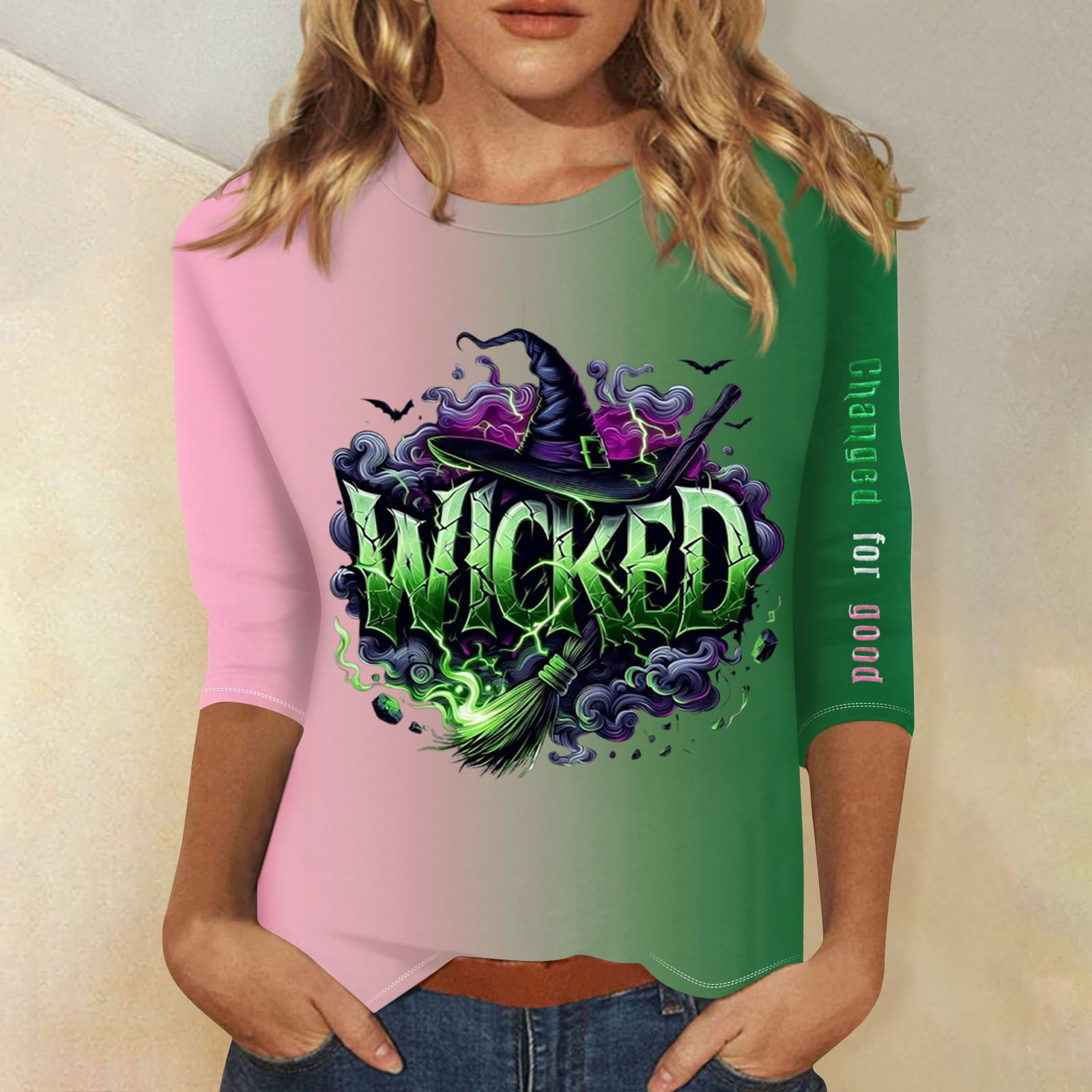 Qianvly Wicked Clothing Women's Casual Round Neck Three-quarter Sleeve ...