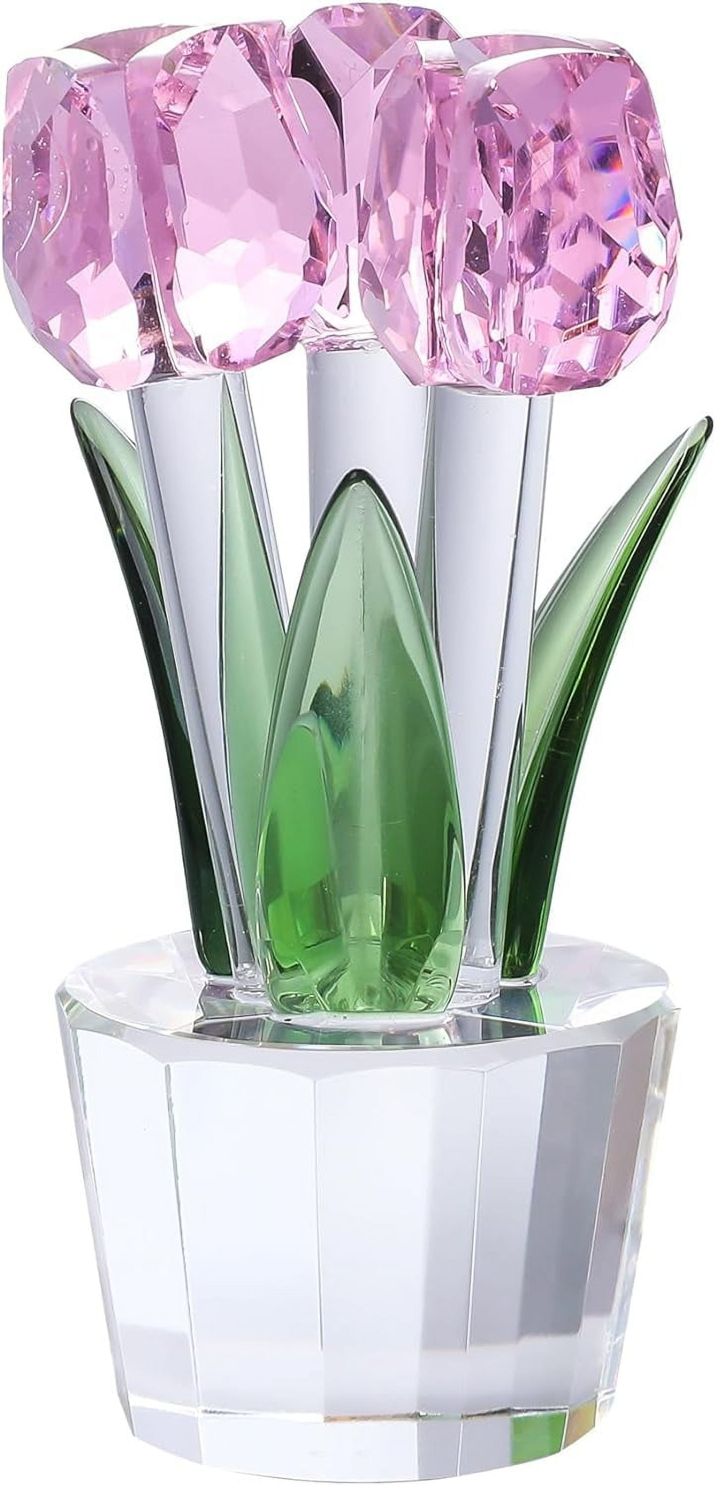 Qianwei Crystal Tulips Flowers Figurine Pink with Vase - Glass Flower Bouquet Collectible ...