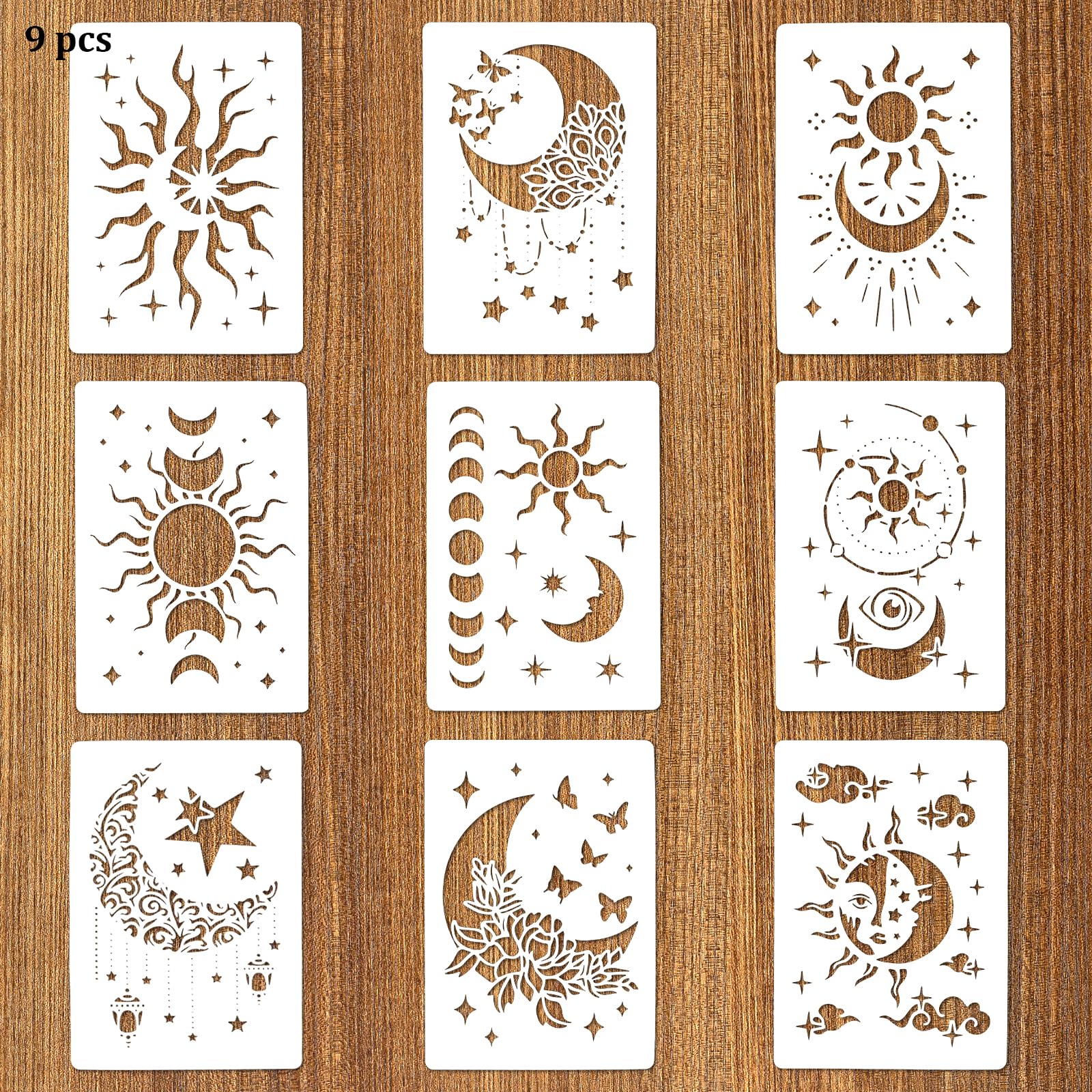 Qianyu 9 Pcs Reusable Stencils for Painting Template Sun Star Moon Tile ...