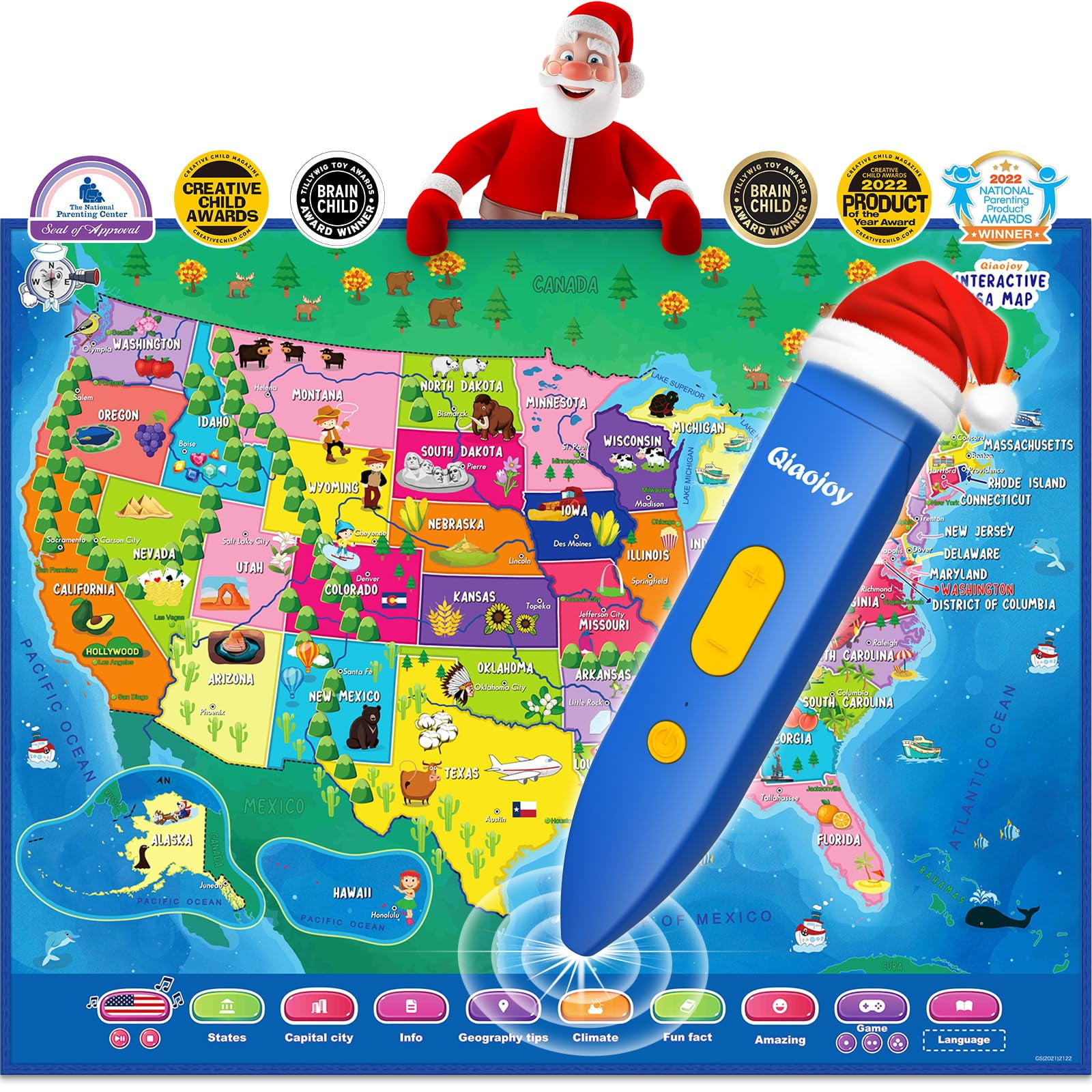 Qiaojoy V2 Interactive Kids Map Bilingual United States Map for Kids ...