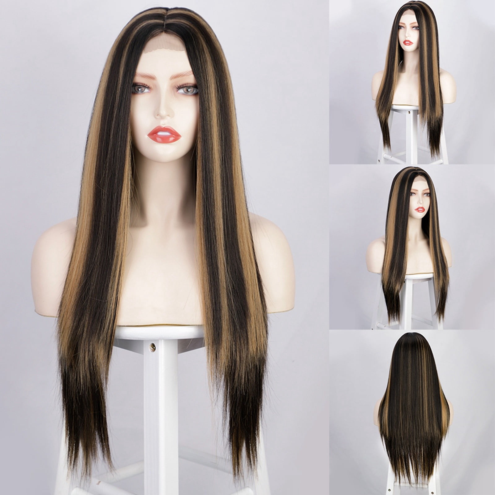 Qicasul Wigs And Brown Highlighted Black Long Hair Black Long Straight ...
