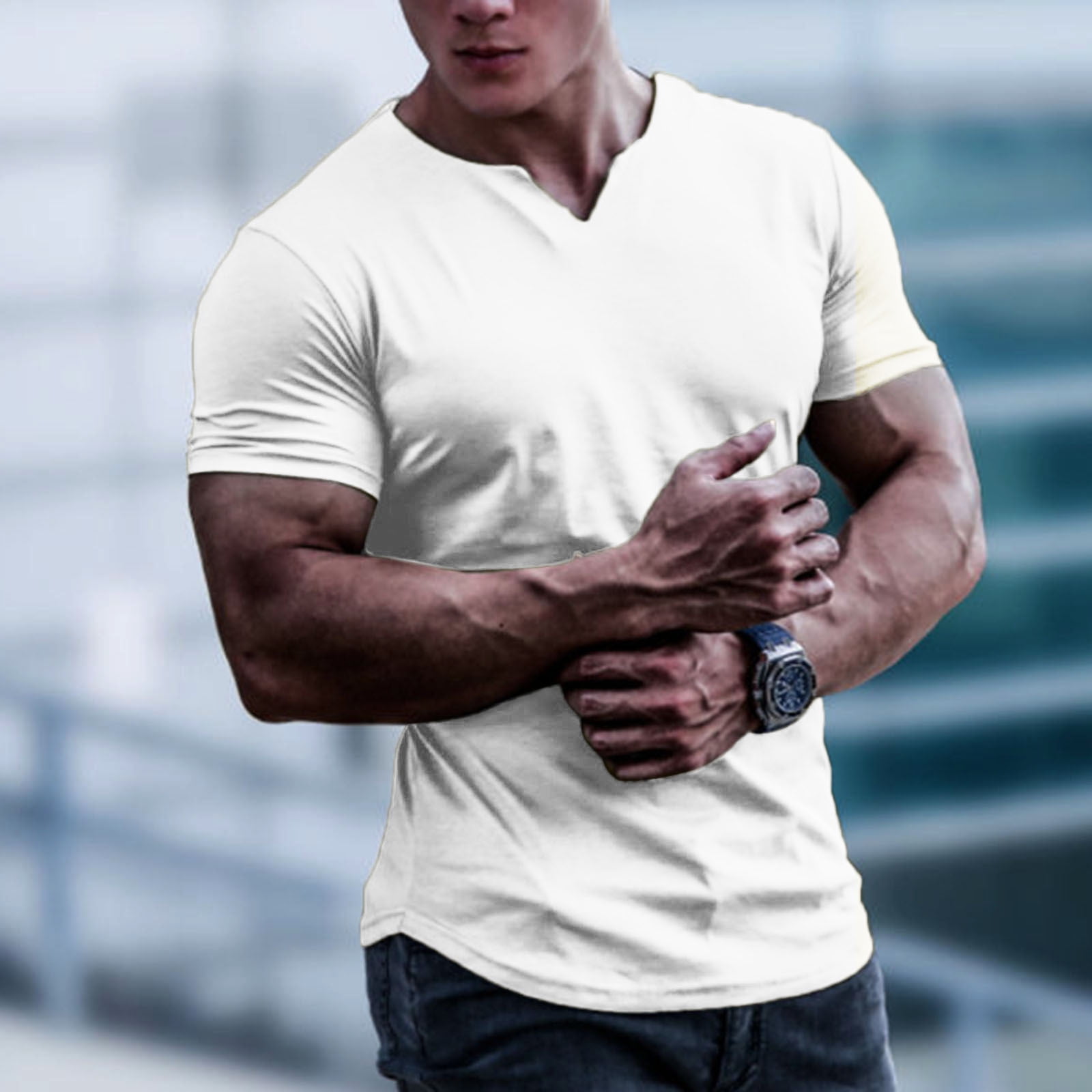 Qiggri Men Casual Solid Round V-neck Slim Short-sleeved T-shirt ...