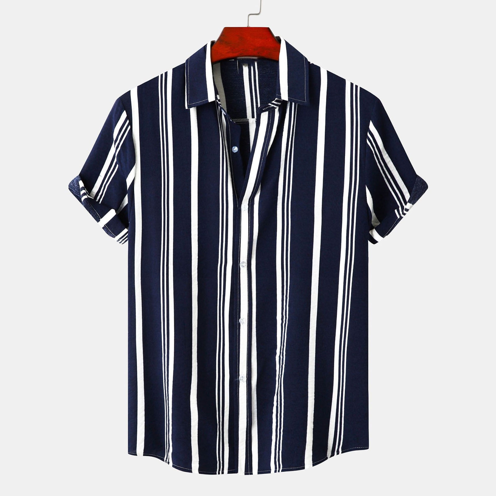 Qiggri Men Casual Stripe Turndown Short Sleeve Pocket Button Closure ...