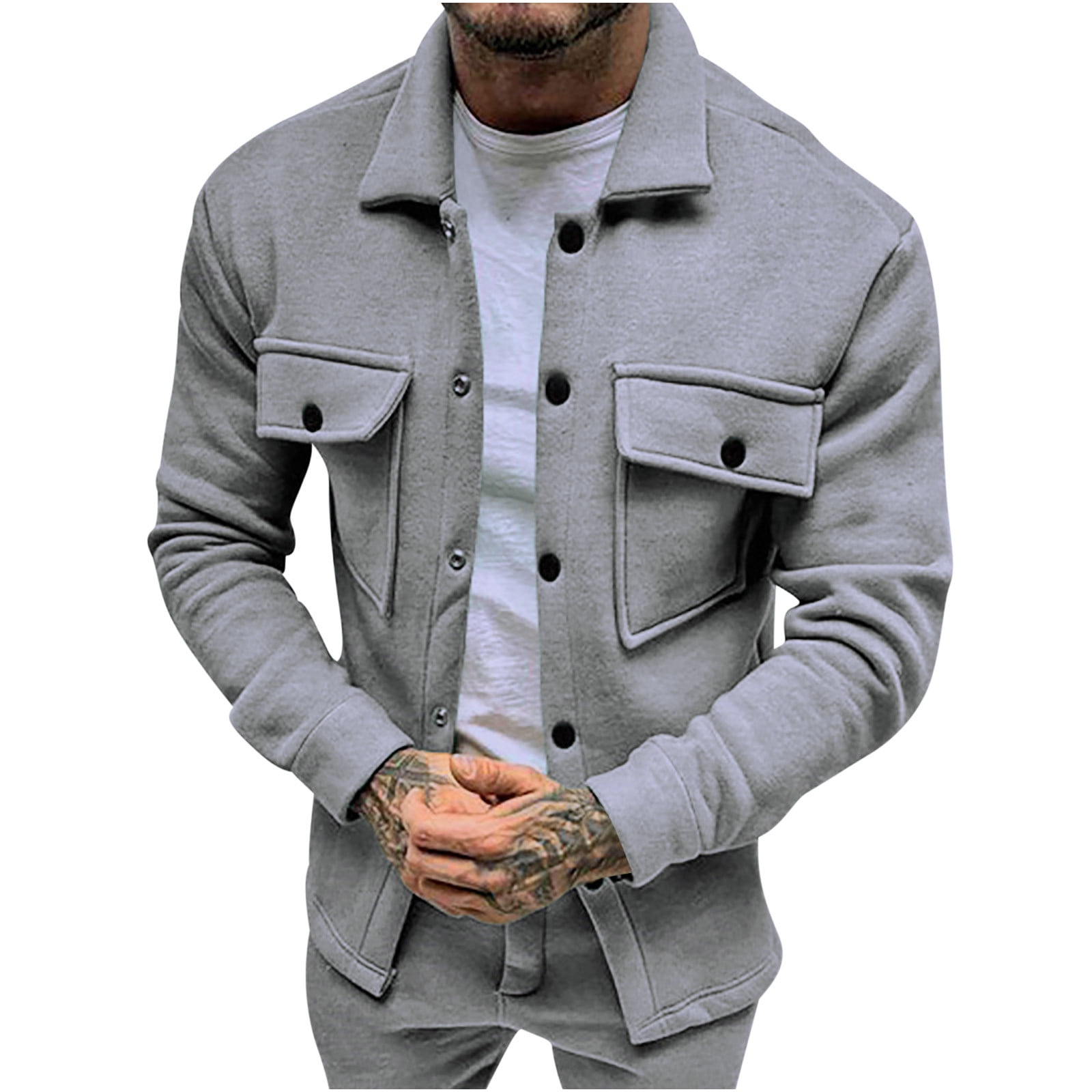 Qiggri Men's Lapel Pocket Button Casual Long-Sleeved Hoodless Casual ...