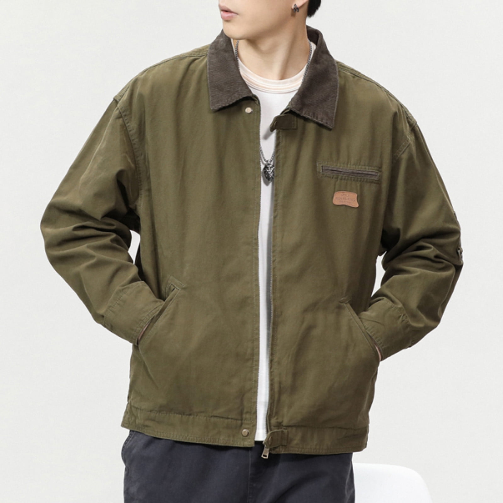 Qiggri Men's Retro Style Zipper Opening And Closing Work Jacket Long ...