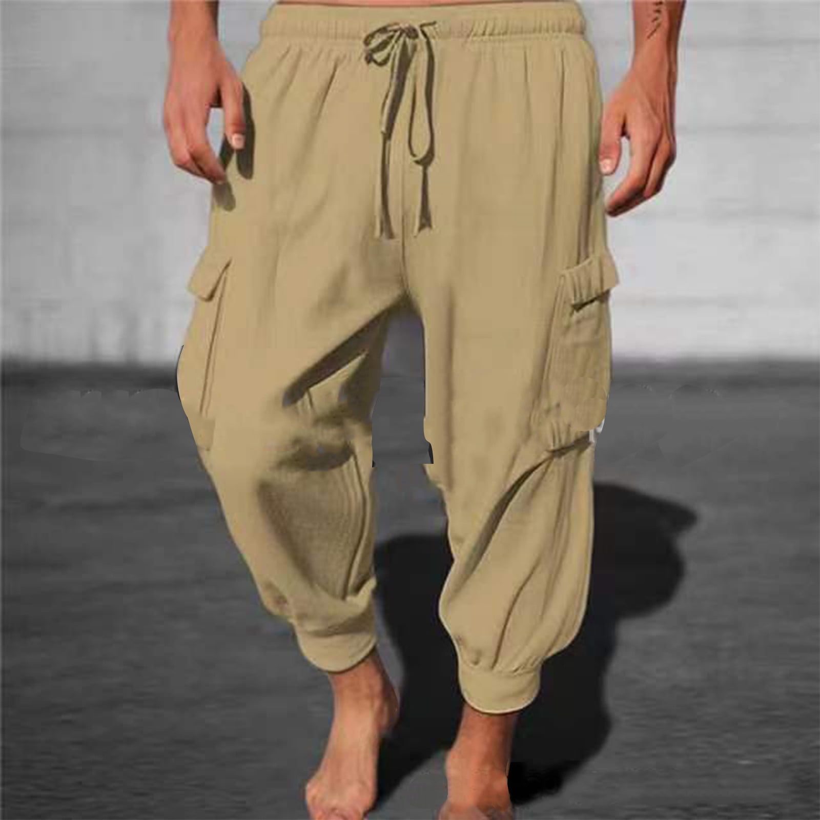 Qiggri Men's Solid Color Sport Loose Threaded Leg Lace-up Solid Color ...