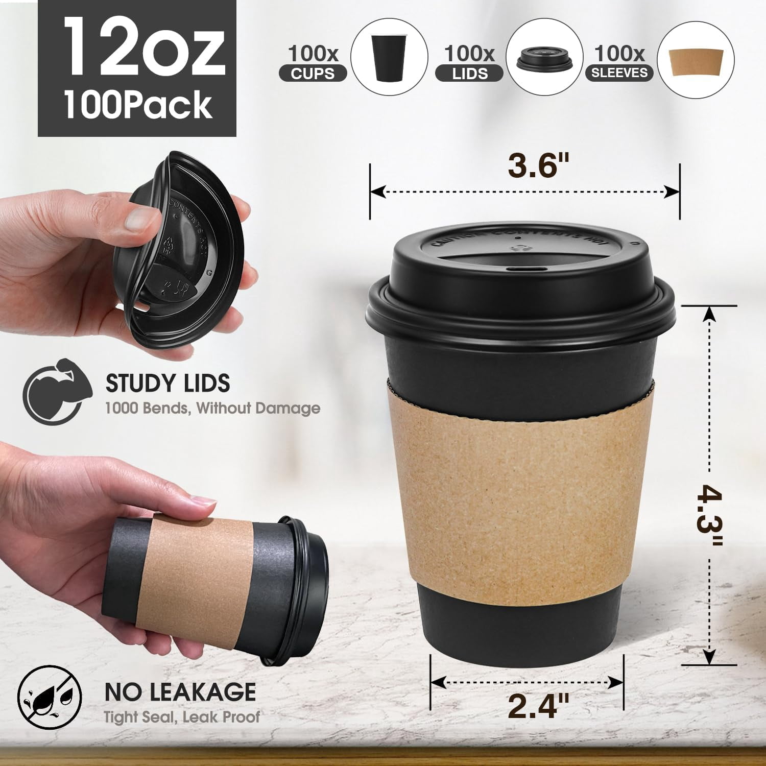 Qihe-100 Pack 12 oz Disposable Coffee Cups with Lids and Sleeves, To Go ...