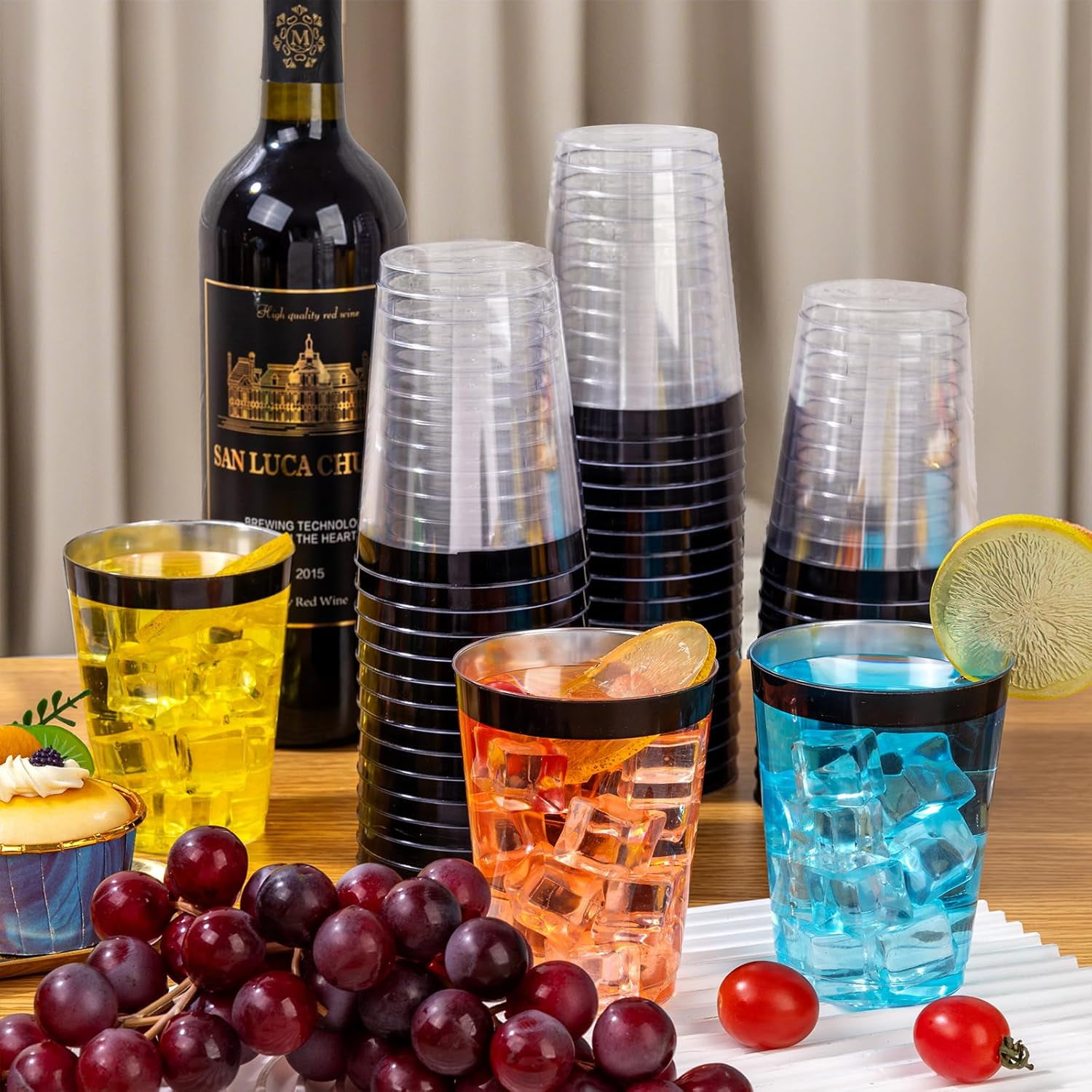 Qihe-100 Pack Black Plastic Cups 10Oz Clear Disposable Cups with Black ...
