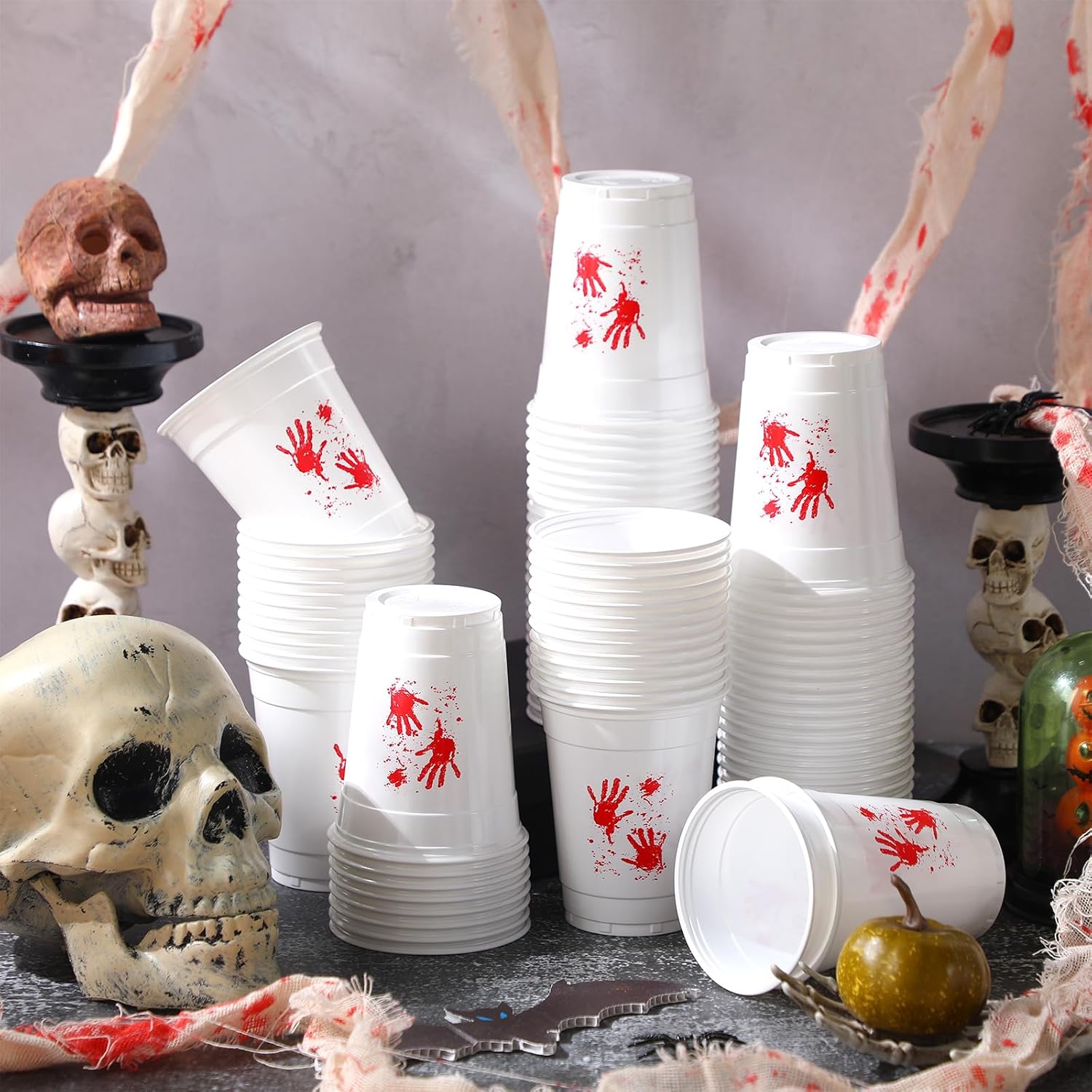 Qihe-100 Pcs Halloween Plastic Cups 12 oz Blood Hand Print White ...